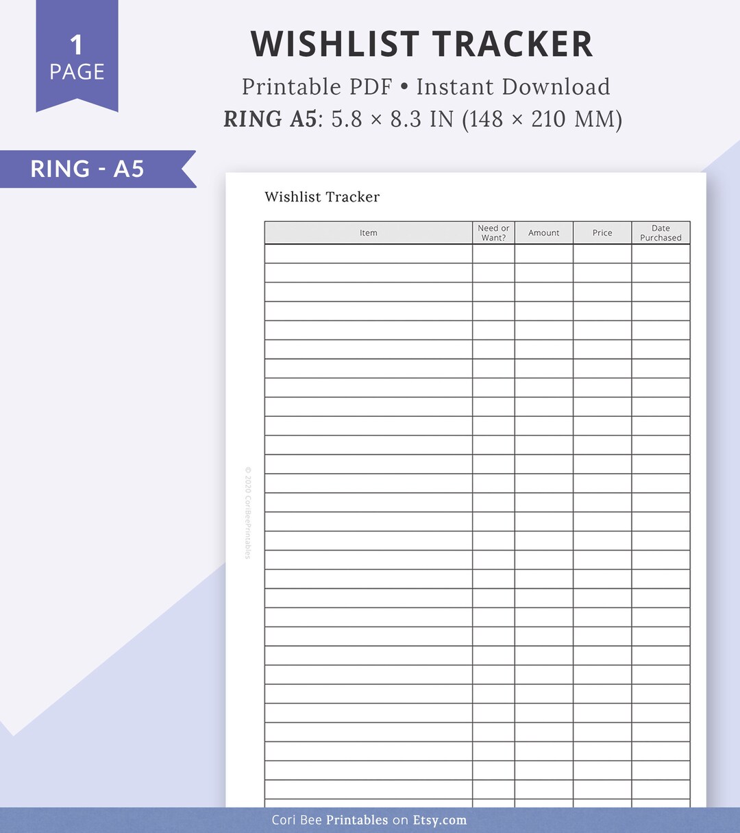 Ring A5 Wishlist Tracker, Wish List Tracker, Wish List Planner ...