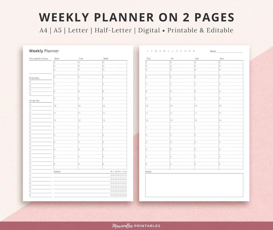 Editable Weekly Planner on 2 Pages, Wo2p, Fillable Weekly Printable ...