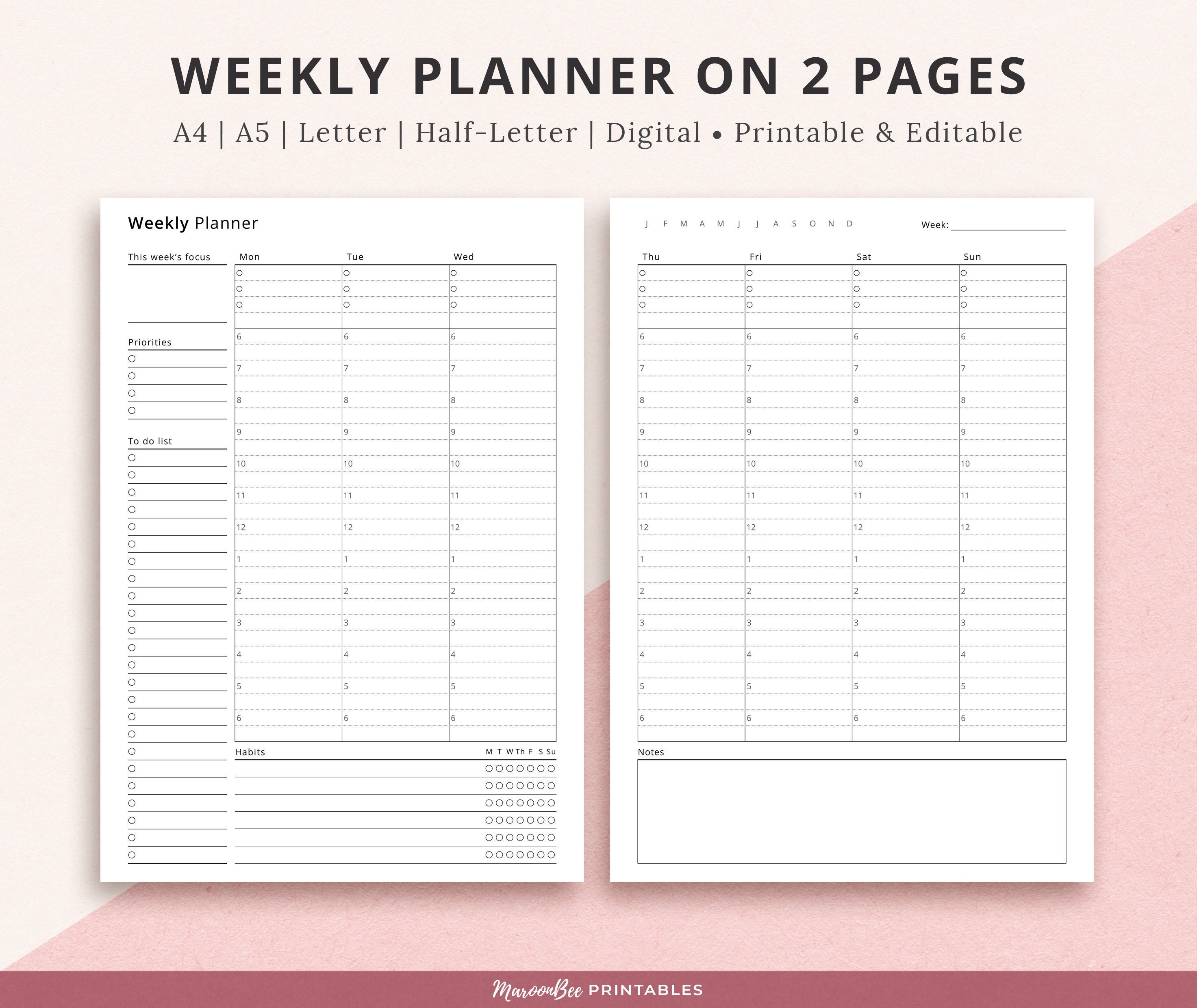 Editable Weekly Planner on 2 Pages Wo2p Fillable Weekly - Etsy