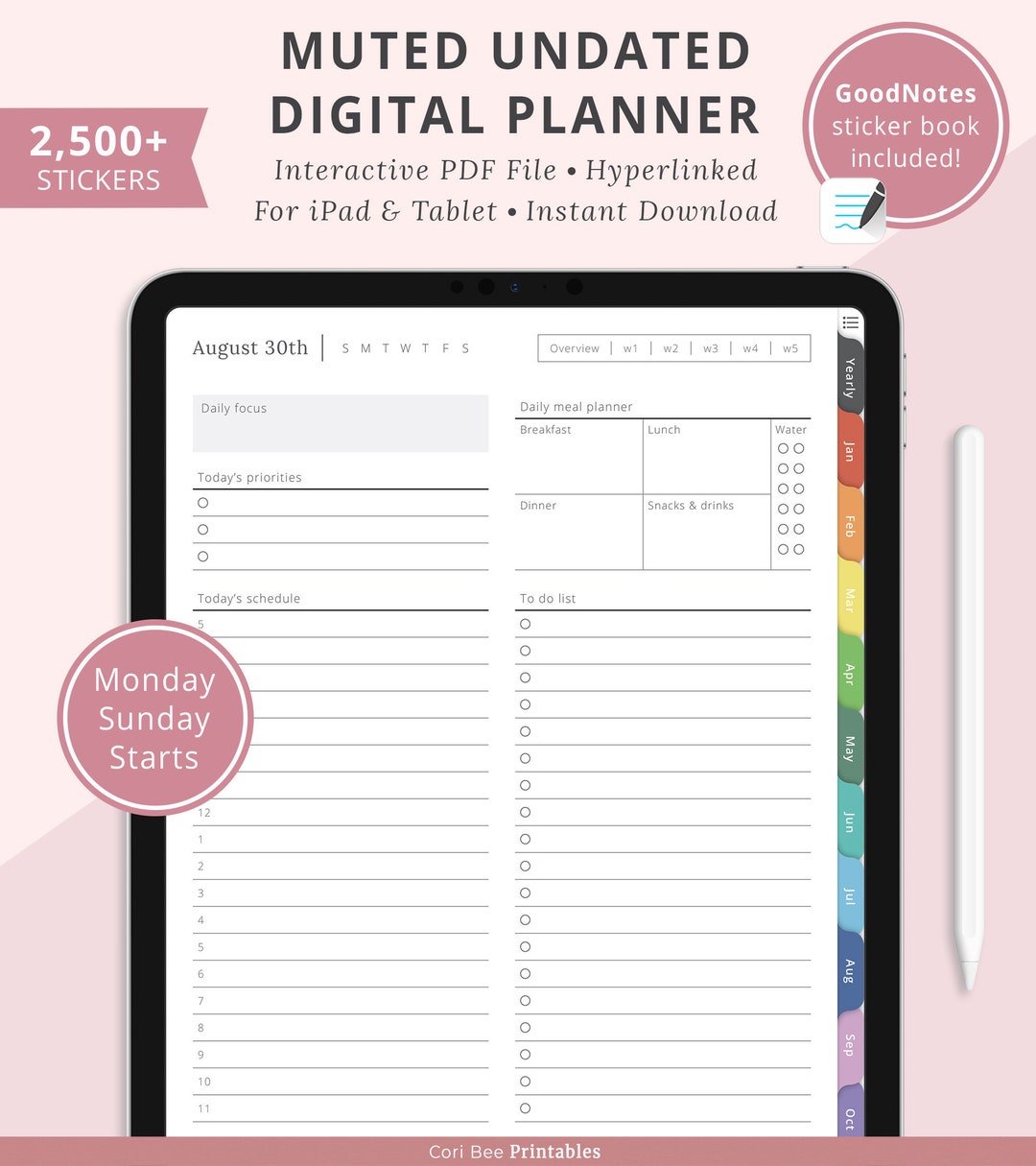 Undated Portrait Digital Planner, Goodnotes Planner, Digital iPad ...