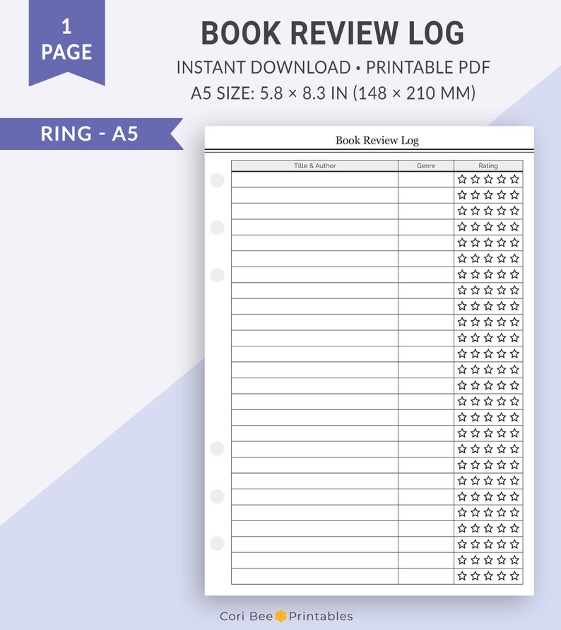 A5 Book Review Log, Reading Planner, Reading Journal, Book Journal ...