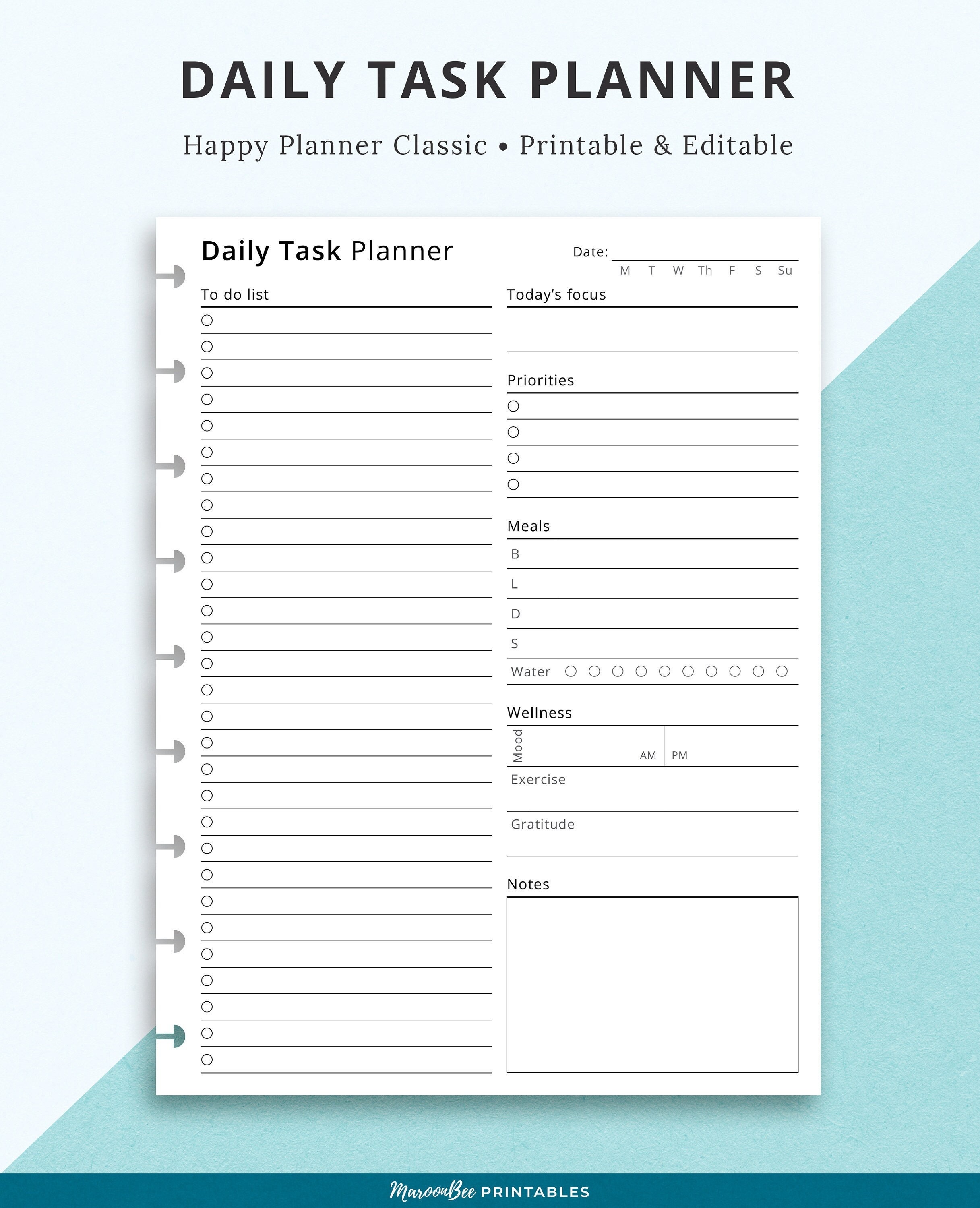 Editable Daily Task Planner Happy Planner Classic Insert, Fillable HP ...