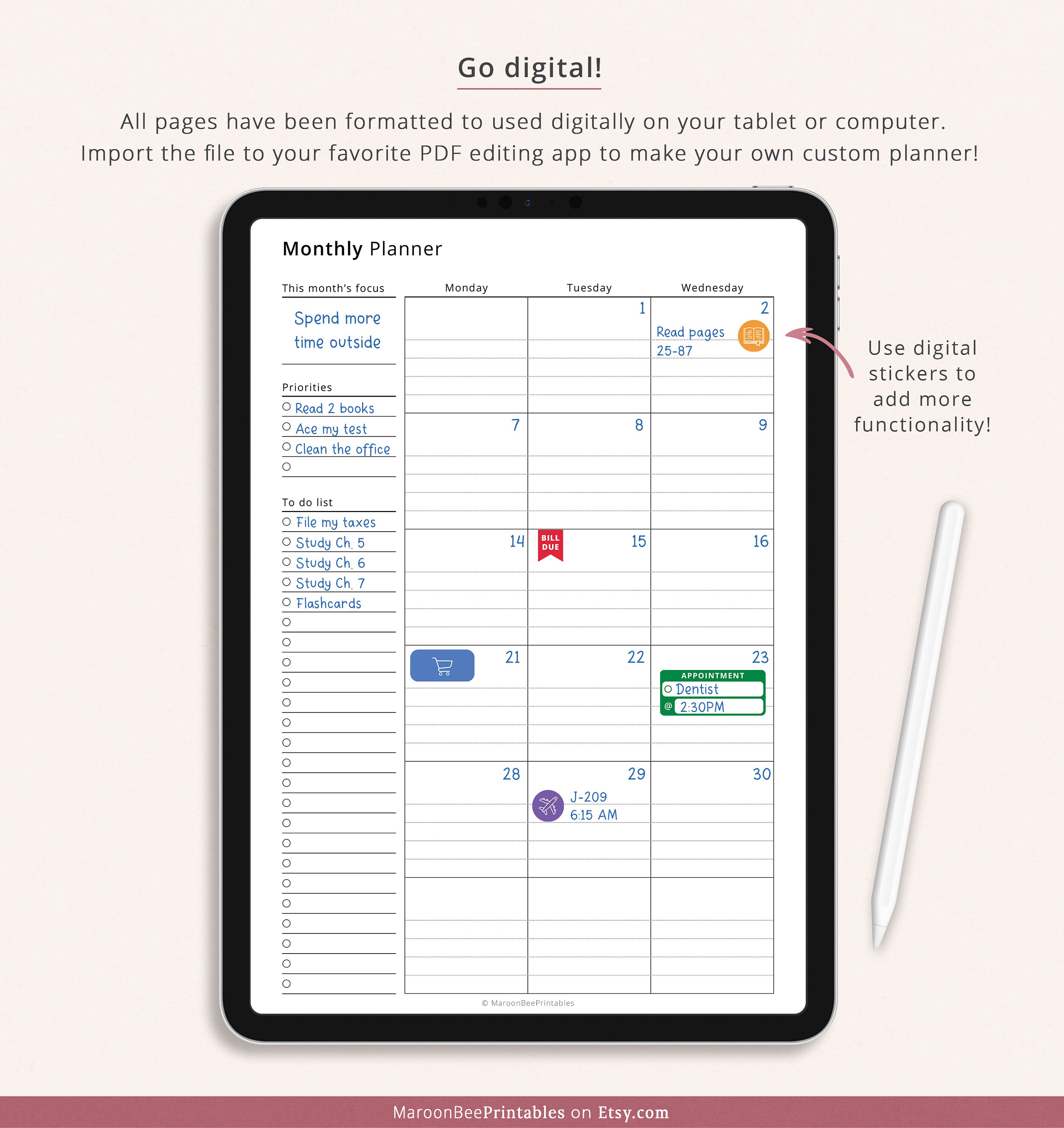Editable Monthly Planner Monthly Printable Planner Fillable | Etsy