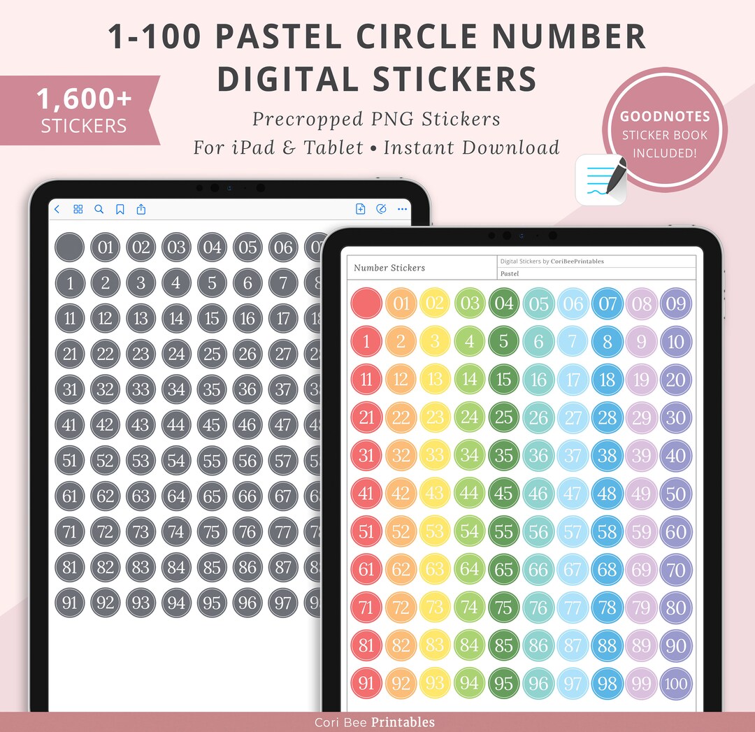 Pastel 1-100 Circle Number Goodnotes Digital Stickers, 1-100 Number ...