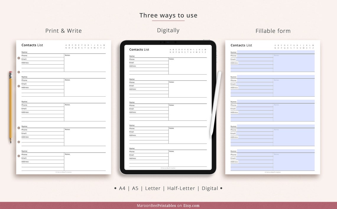 Editable Contacts List, Fillable Address Book, Contacts Organizer ...