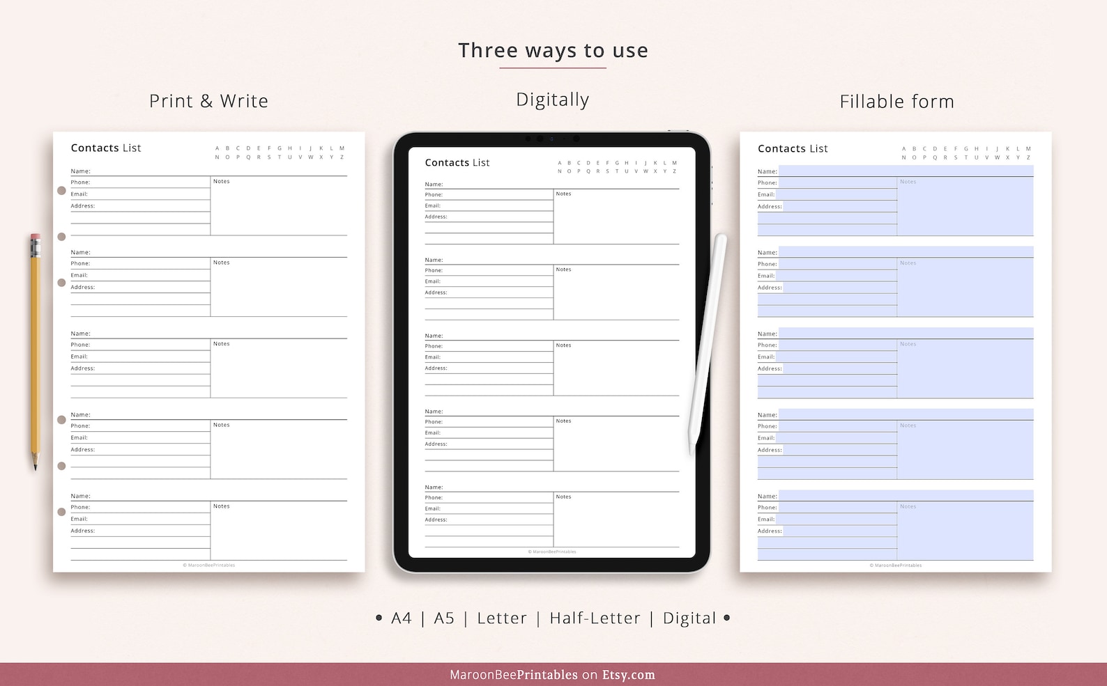 Editable Contacts List, Fillable Address Book, Contacts Organizer ...