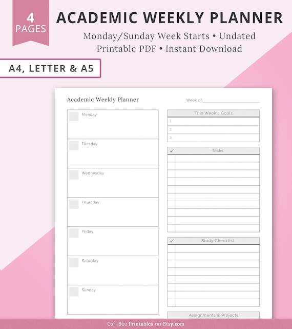 Academic Weekly Planner Student Planner Weekly Printable - Etsy
