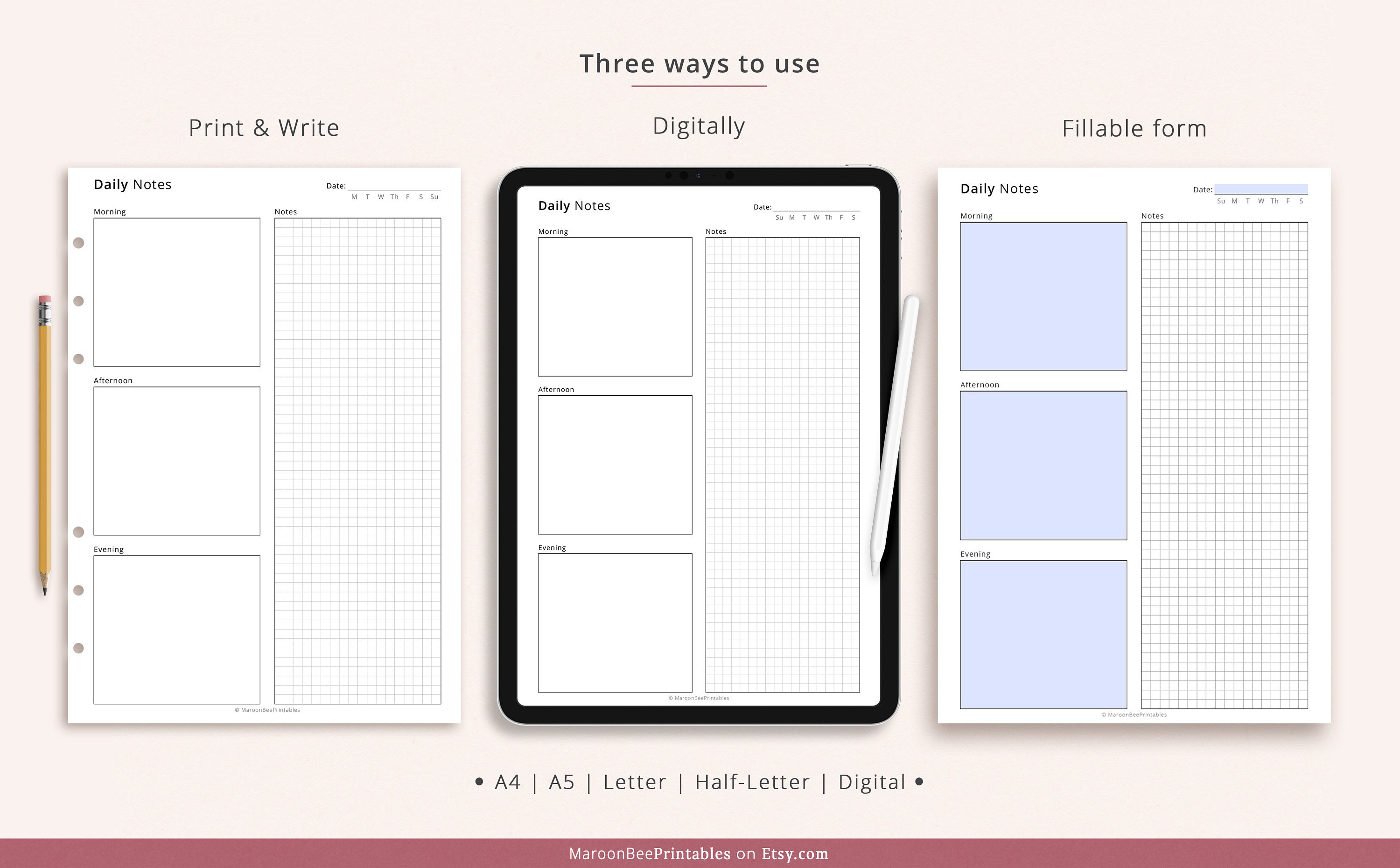 Editable Daily Notes Printable, Daily Planner, Undated Printable ...