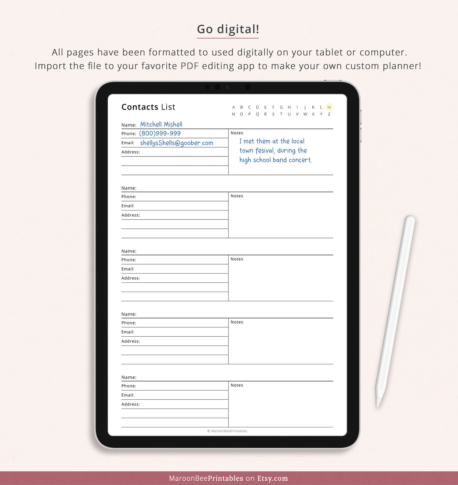 Editable Contacts List, Fillable Address Book, Contacts Organizer ...