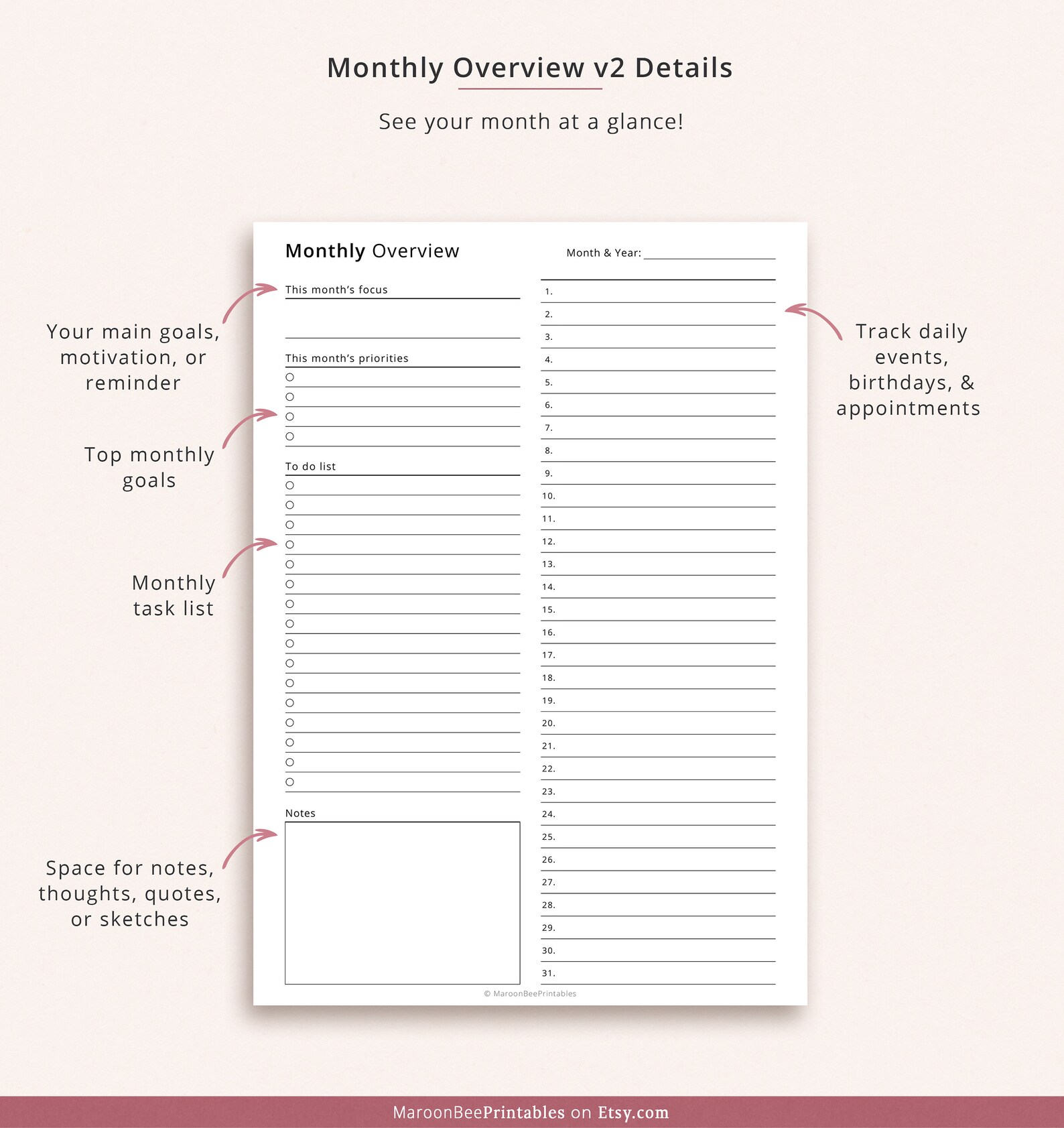 Editable Monthly Overview Printable Template Month at a - Etsy