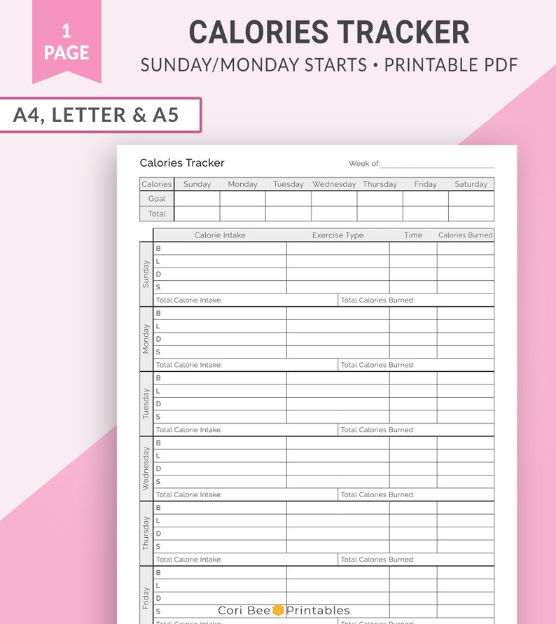 Calories Tracker Printable, Meal Planner, Food Planner, Calorie Planner ...