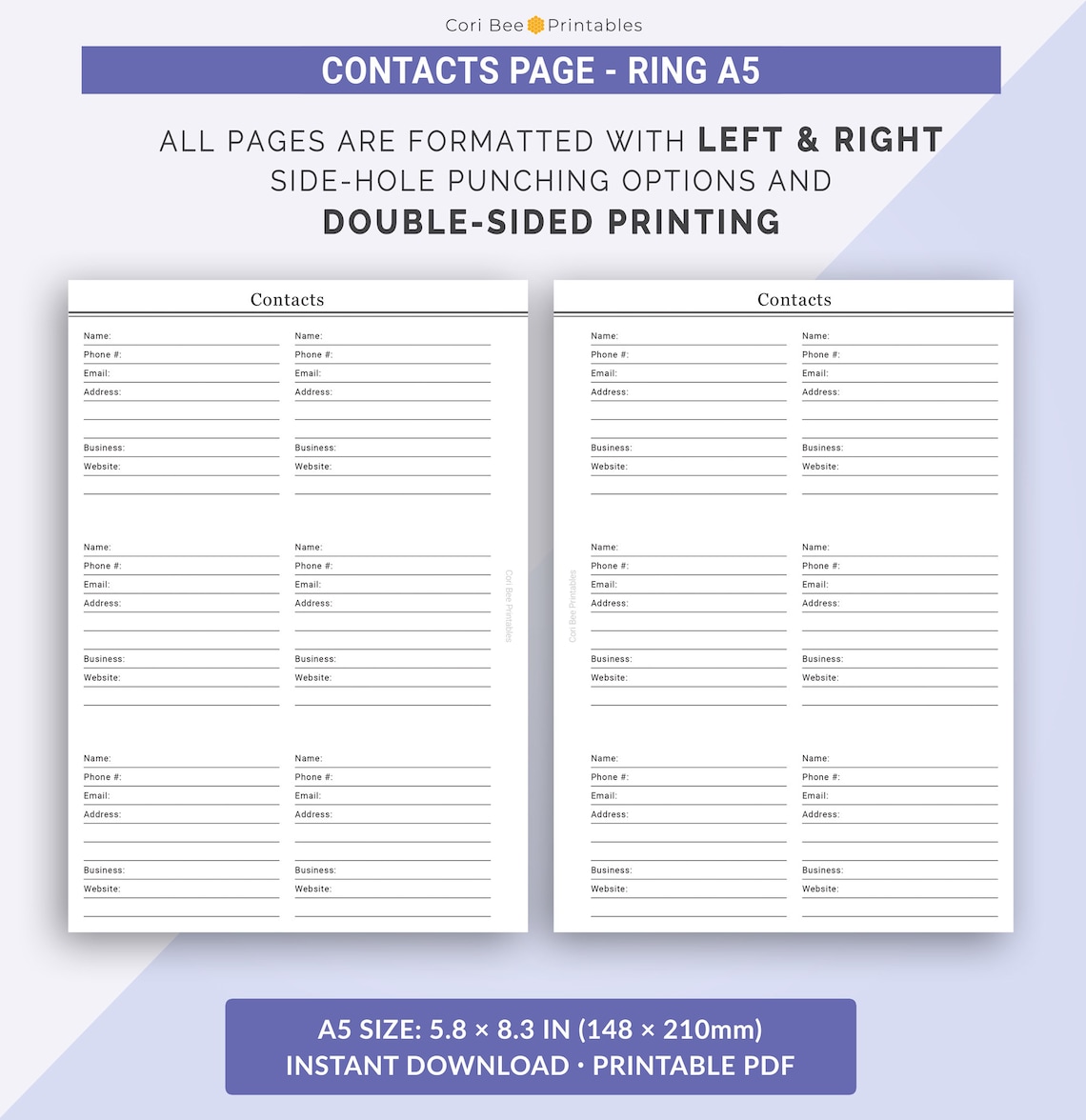 A5 Contacts Page, Address Book, Contact Book, Phone Numbers, Email Address, Printable Planner ...