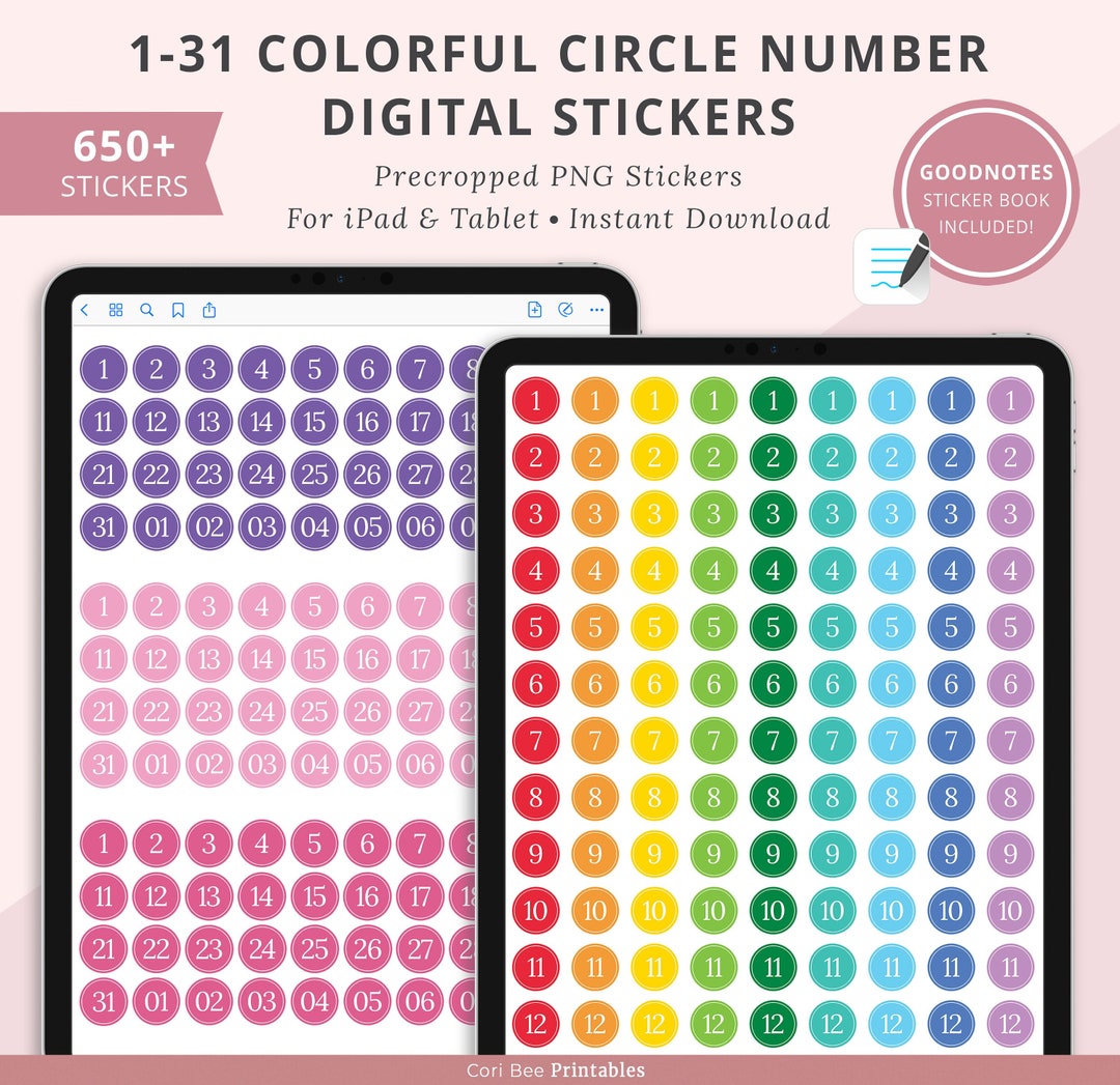 Colorful 1-31 Circle Number Digital Stickers, 1-31 Date Stickers, 1-31 ...