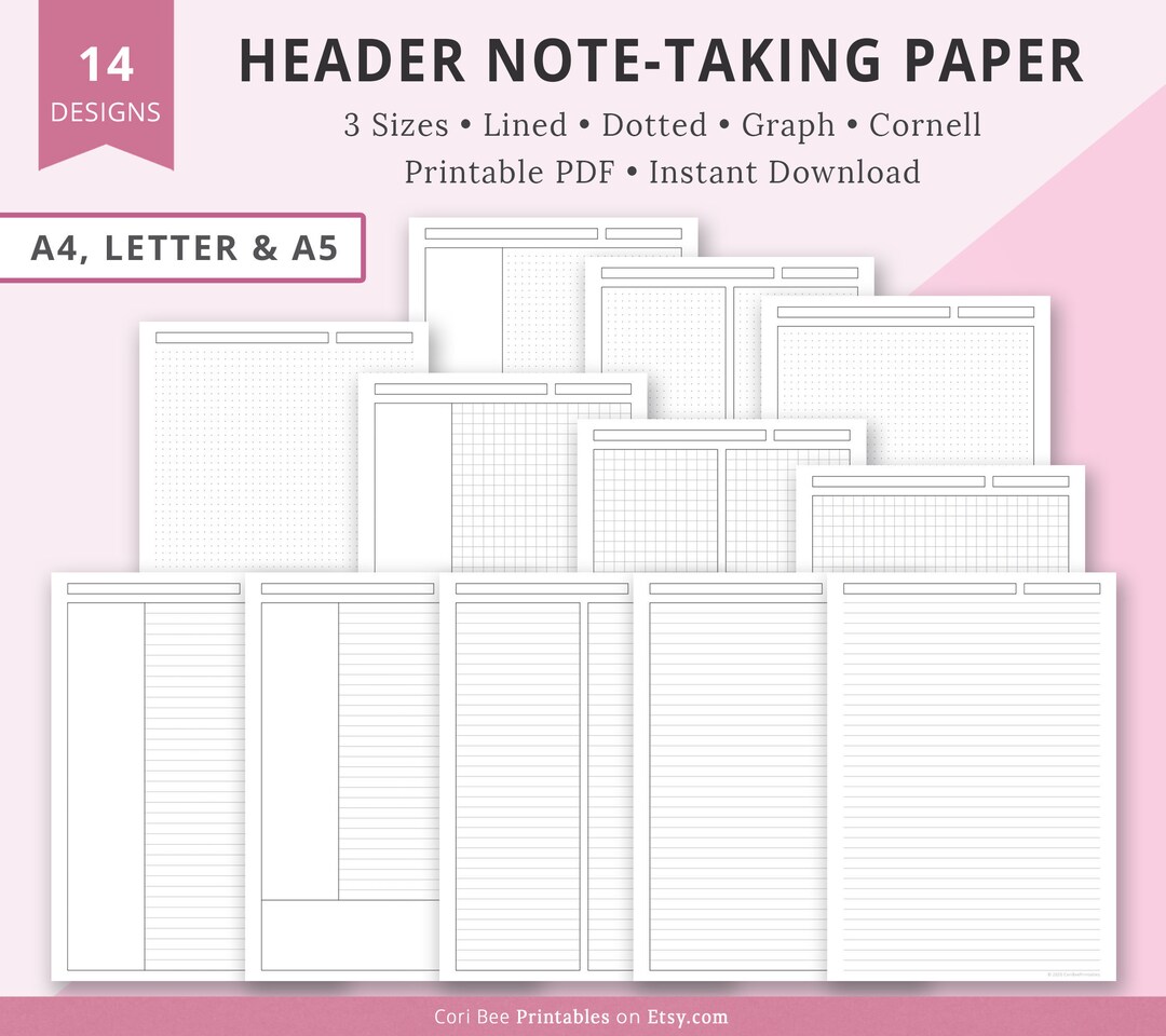 Header Bar Printable Template, Title Bar, Lined Paper Template, Cornell ...