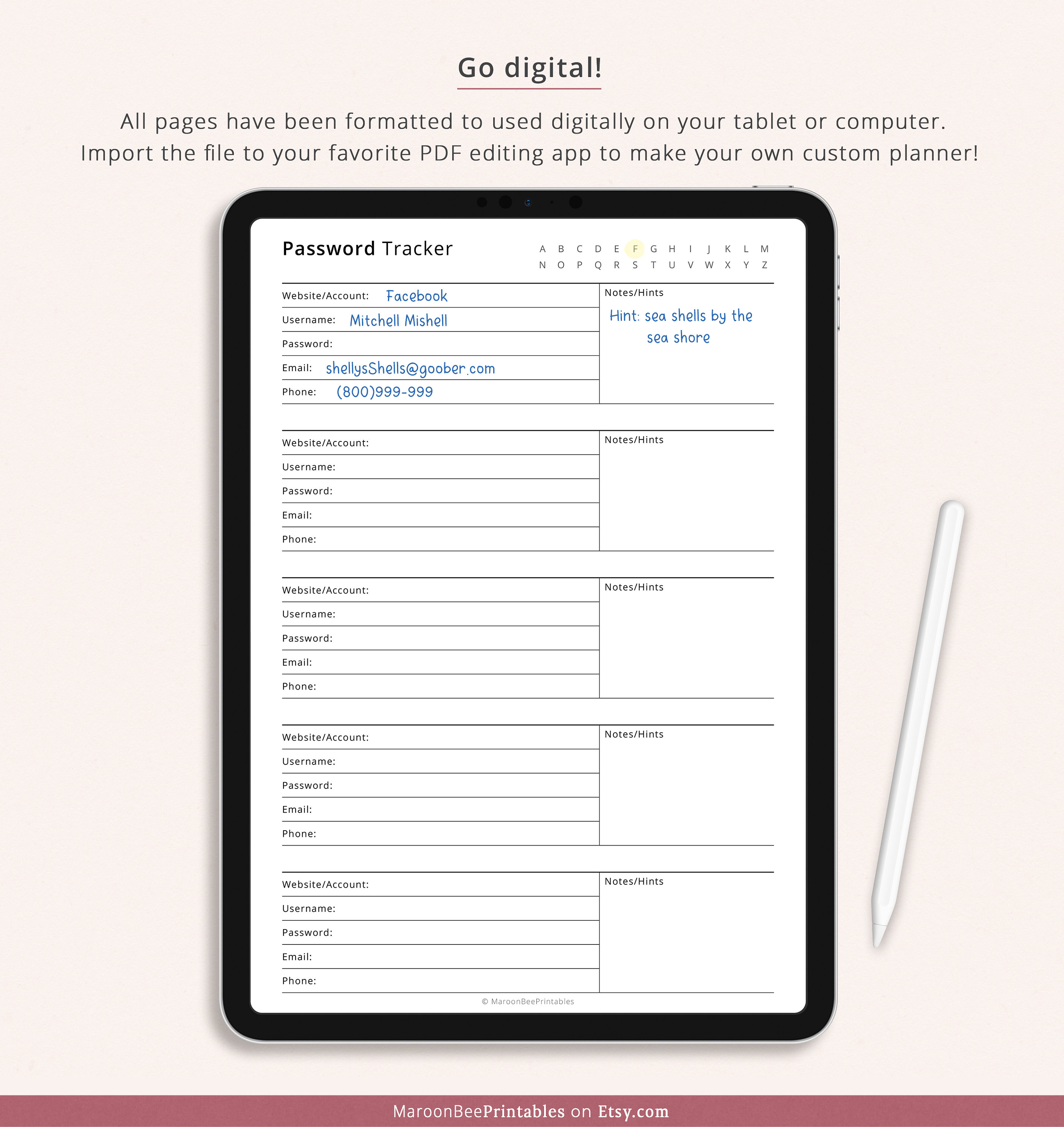 Editable Password Tracker Online Account Tracker Password | Etsy