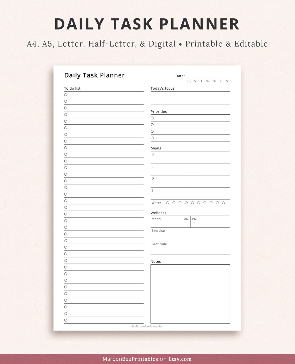 EDITABLE Daily Task Planner Fillable Planner Undated Daily | Etsy