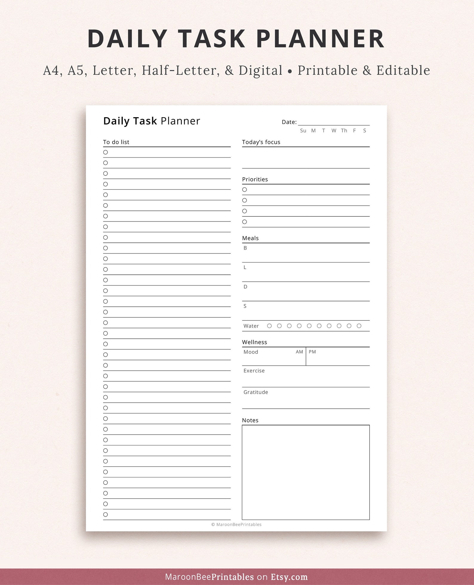 EDITABLE Daily Task Planner Fillable Planner Undated Daily | Etsy