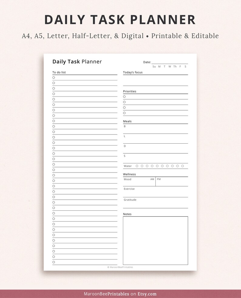 EDITABLE Daily Task Planner Fillable Planner Undated Daily | Etsy