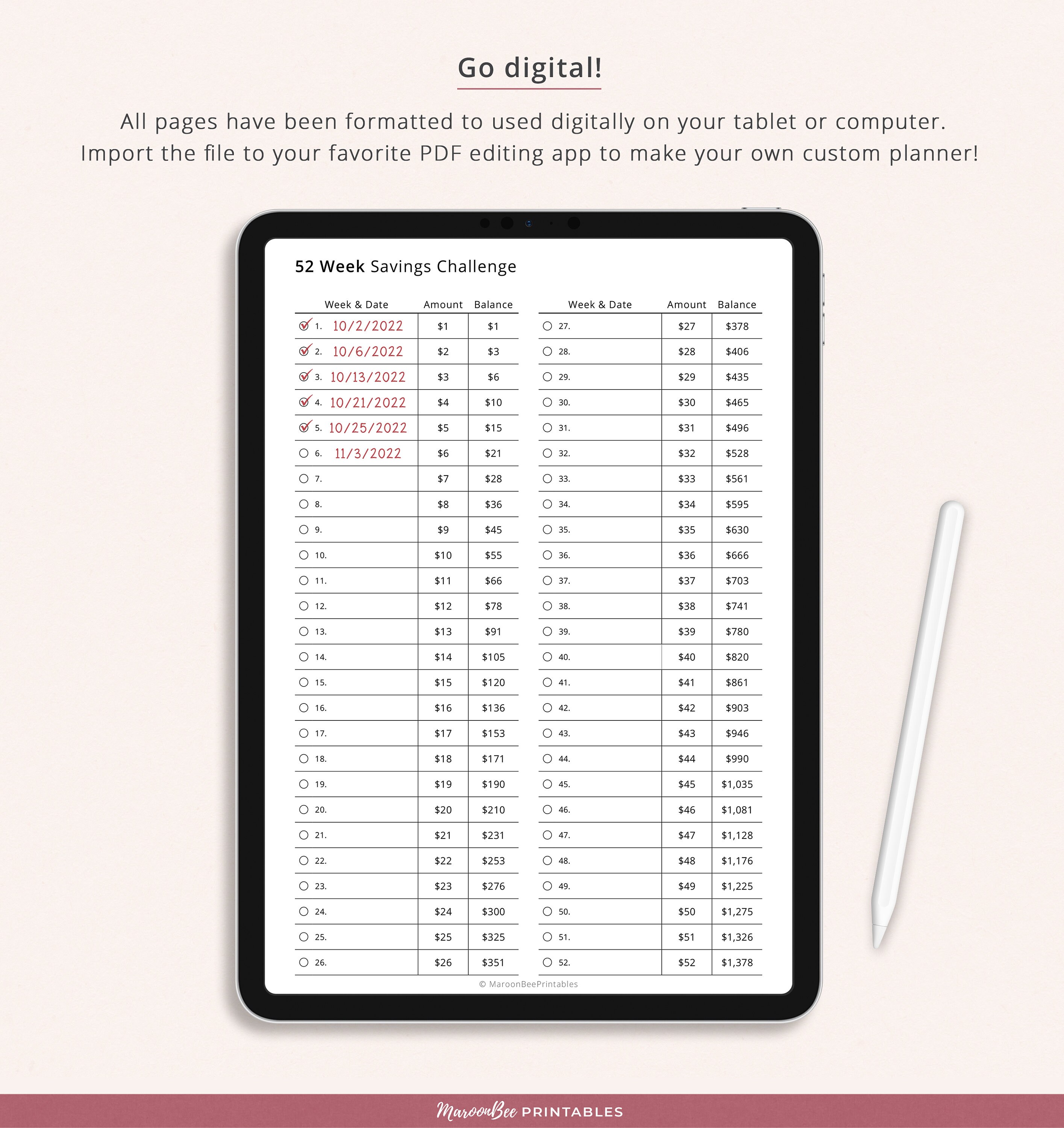 52 Week Savings Challenge Printable Insert Financial Planner Etsy Uk