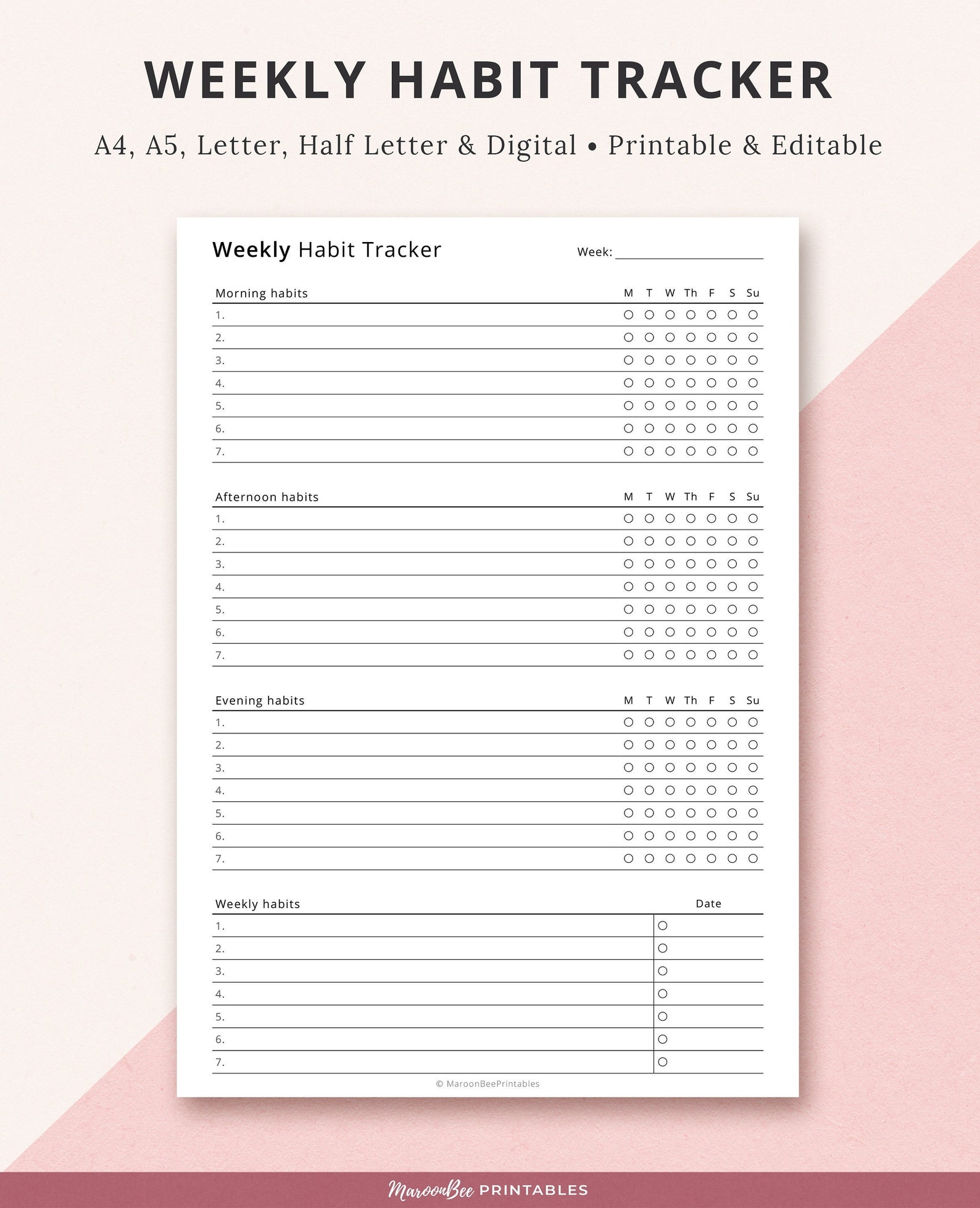 Editable Weekly Habit Tracker Printable Page, Printable Habit Tracker ...