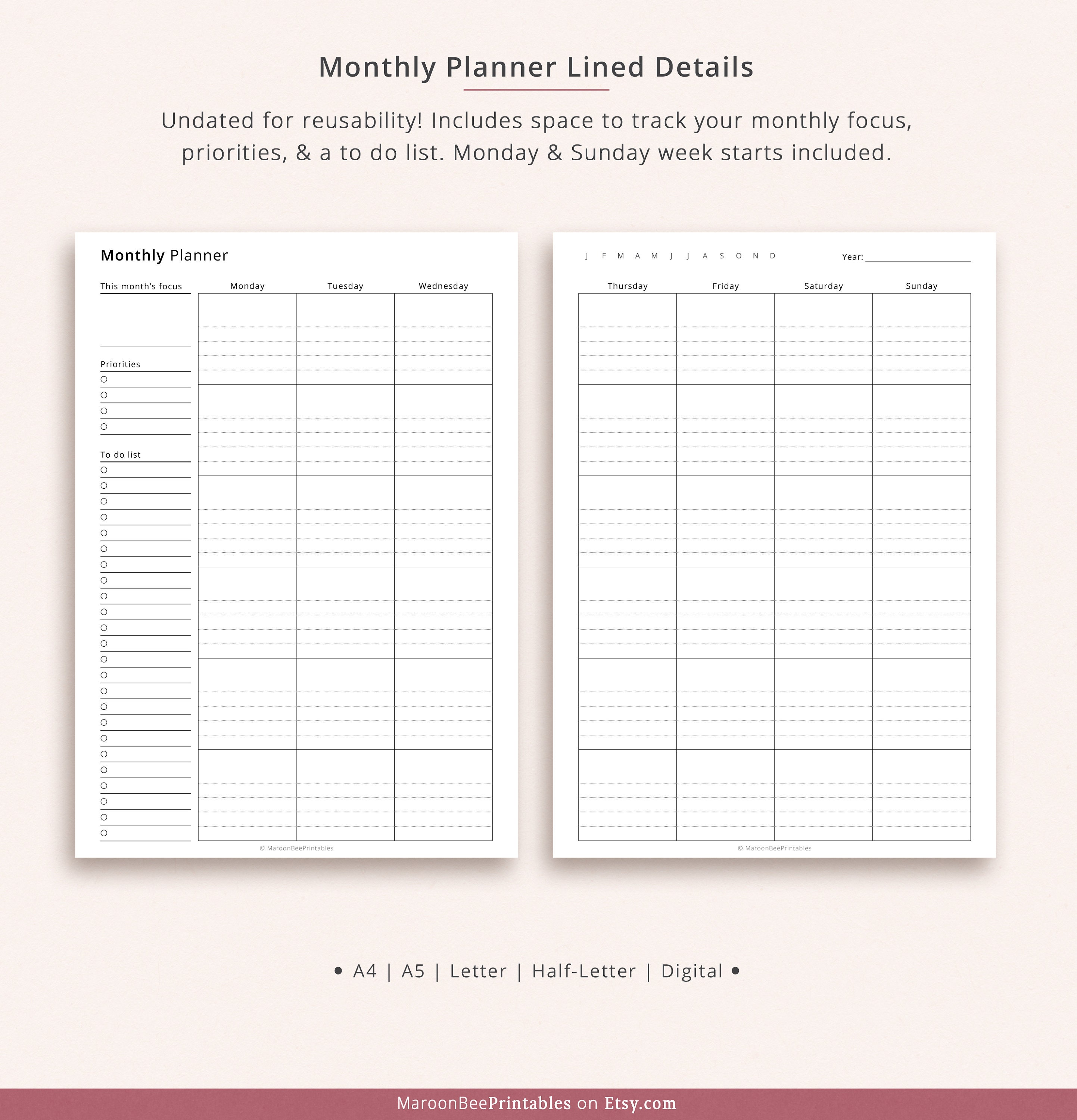 Editable Monthly Planner Monthly Printable Planner Fillable | Etsy
