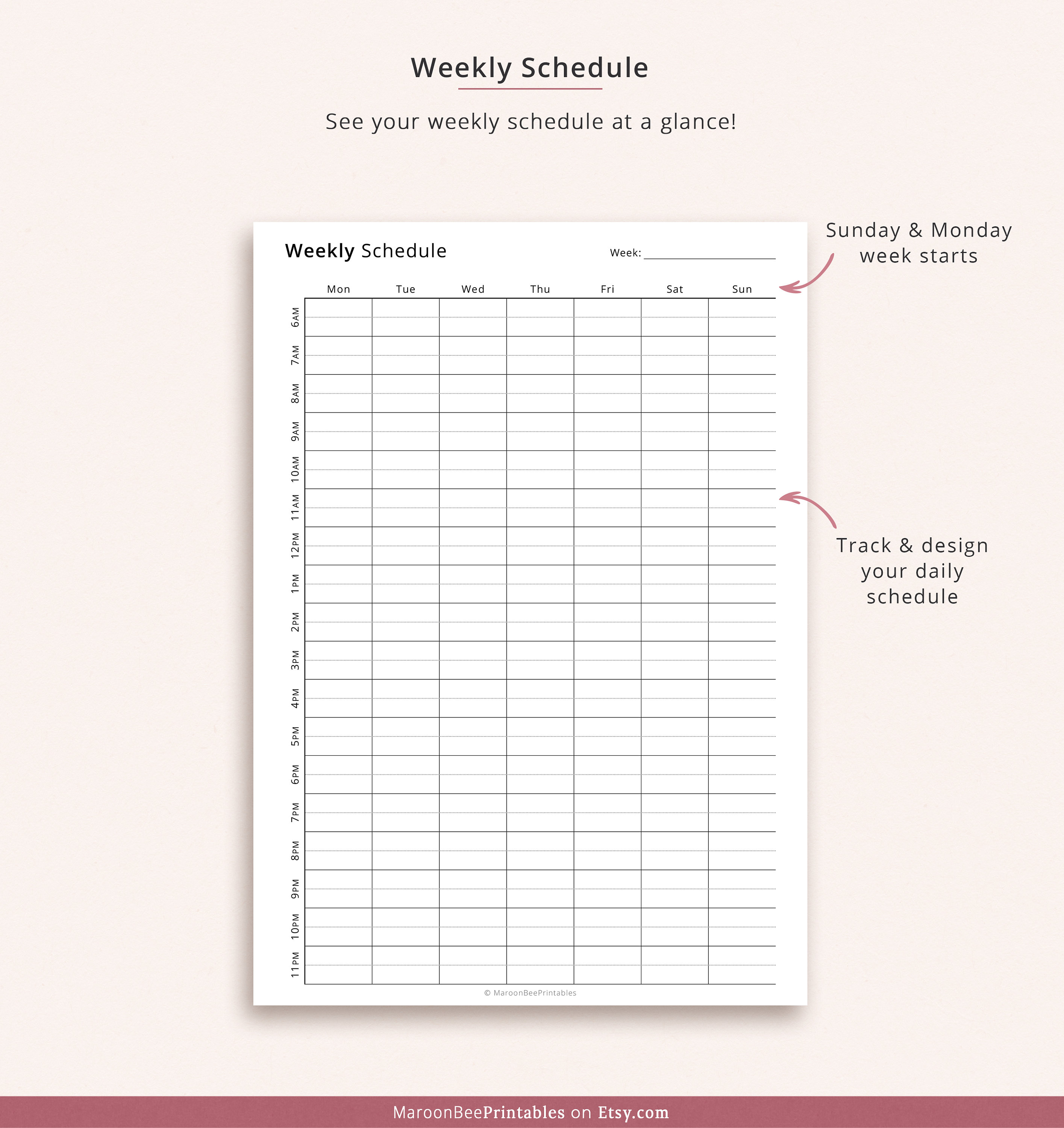 Editable Weekly Schedule Printable Planner, Hourly Schedule, Half-hour ...