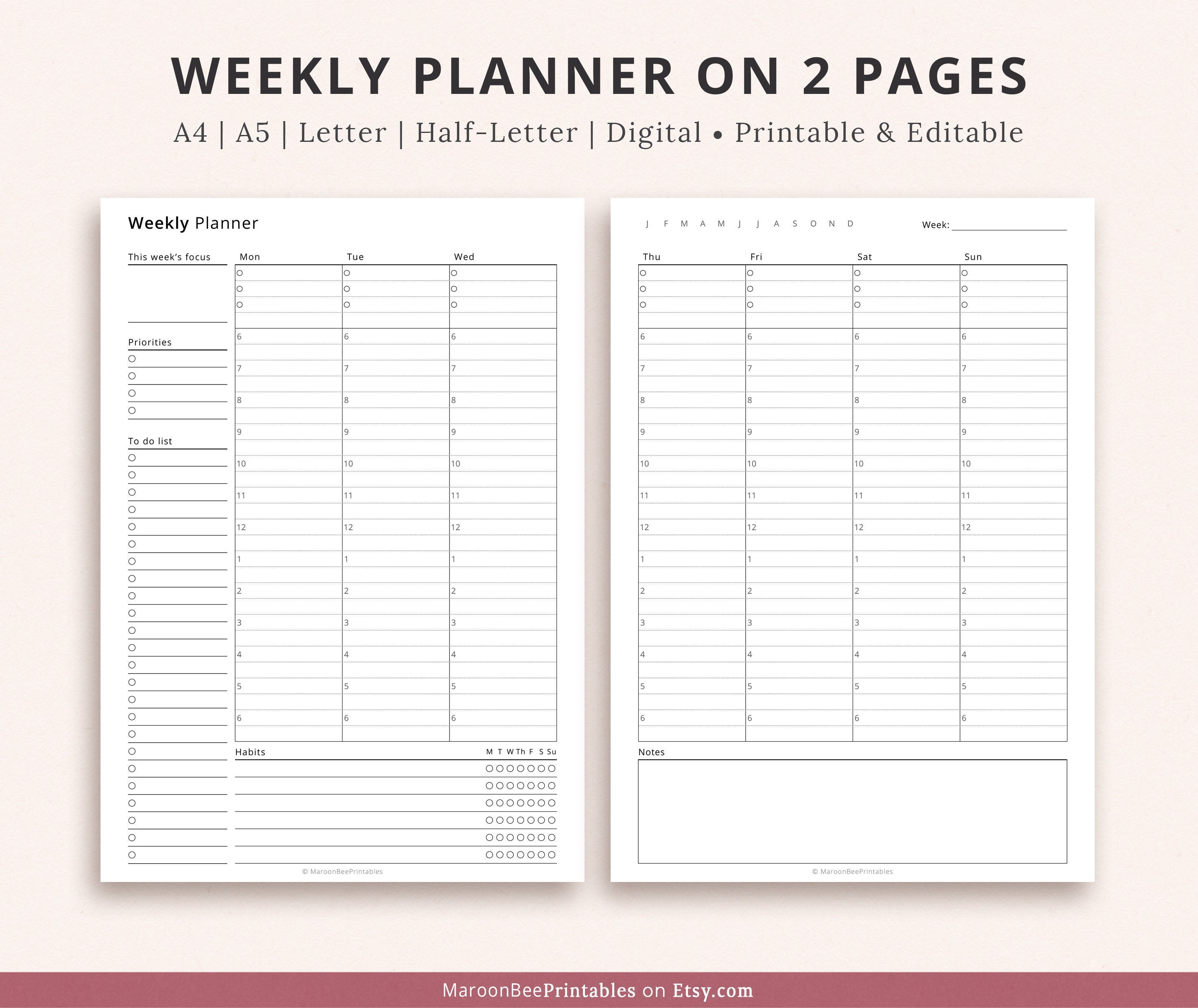 Editable Weekly Planner on 2 Pages Wo2p Fillable Weekly | Etsy