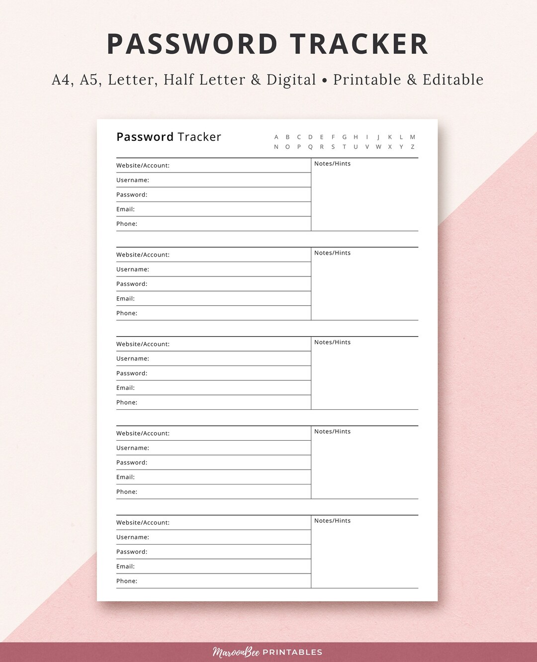 Editable Password Tracker, Online Account Tracker, Password Log ...