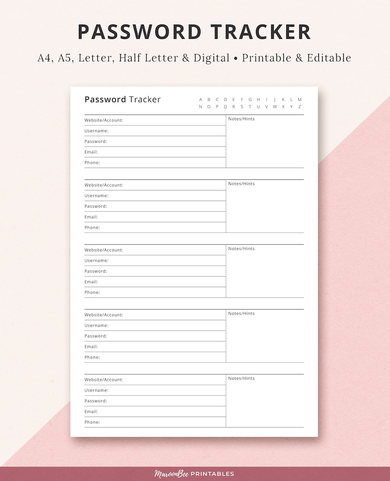 Editable Password Tracker, Online Account Tracker, Password Log ...