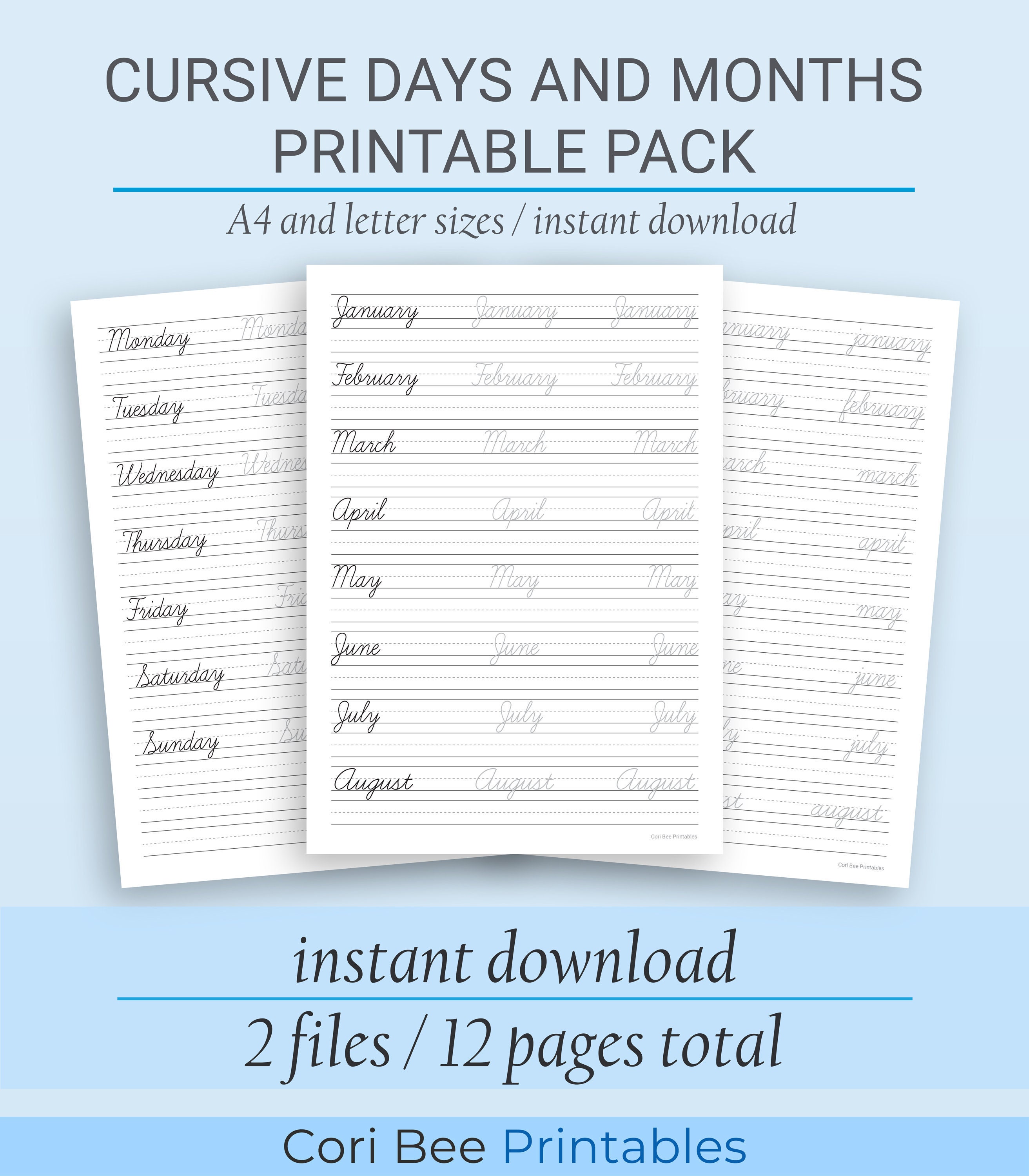 Cursive Days and Months Practice Sheets Printable Pack | Etsy