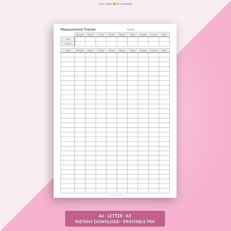 Measurement Tracker Printable, Body Measurement, Progress Tracker ...