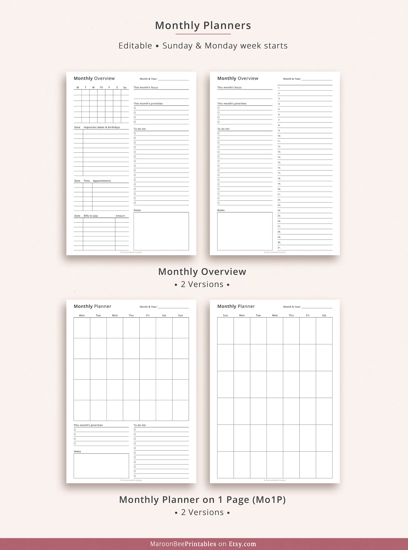 Editable Planner Essentials Bundle, Planner Printable Inserts, Daily ...