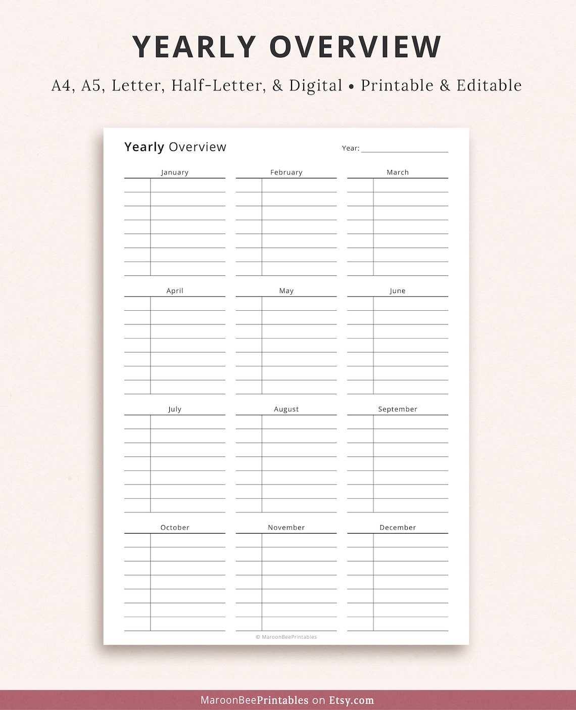 Editable Yearly Overview Yearly Goals Checklist Planner | Etsy