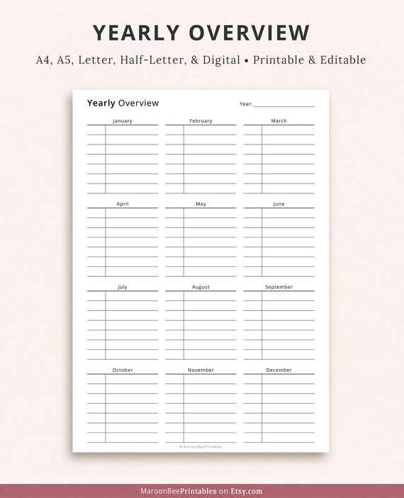 Editable Yearly Overview Yearly Goals Checklist Planner | Etsy