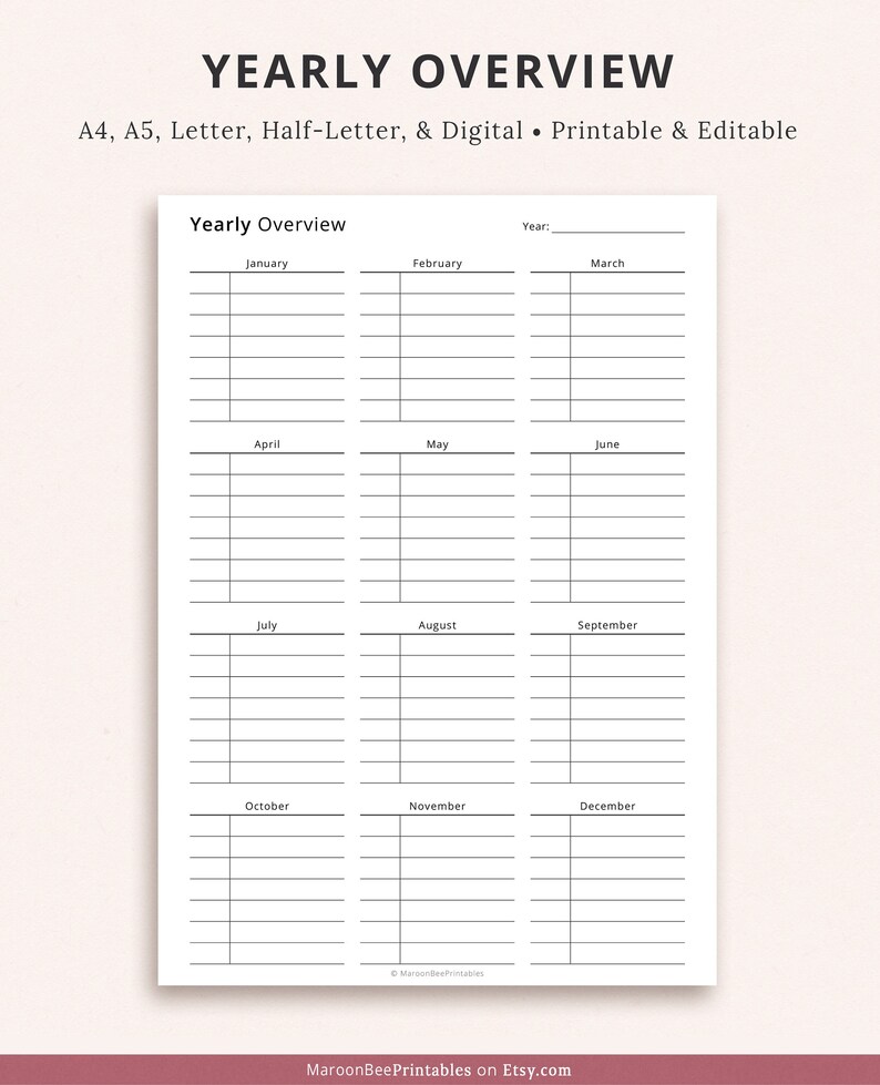 Editable Yearly Overview Yearly Goals Checklist Planner | Etsy