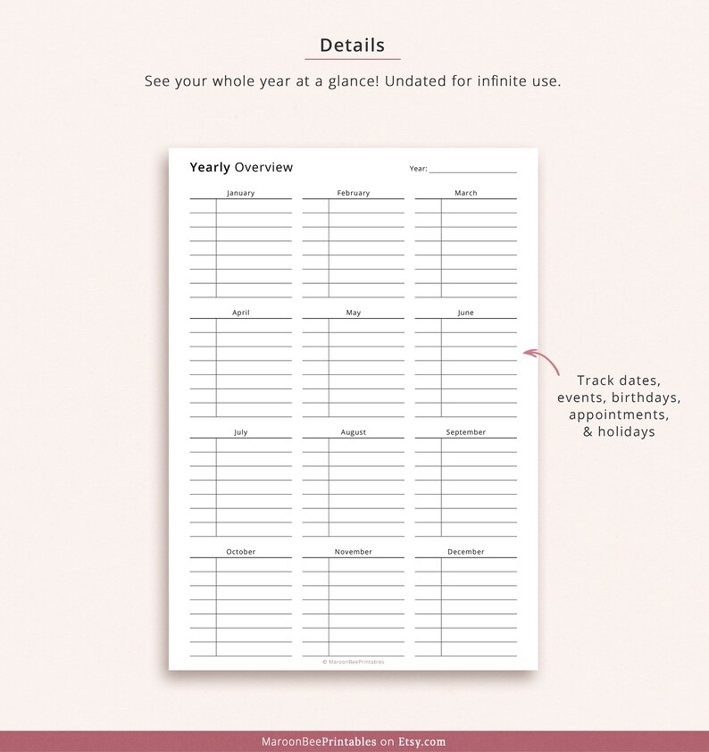 Editable Yearly Overview Yearly Goals Checklist Planner - Etsy