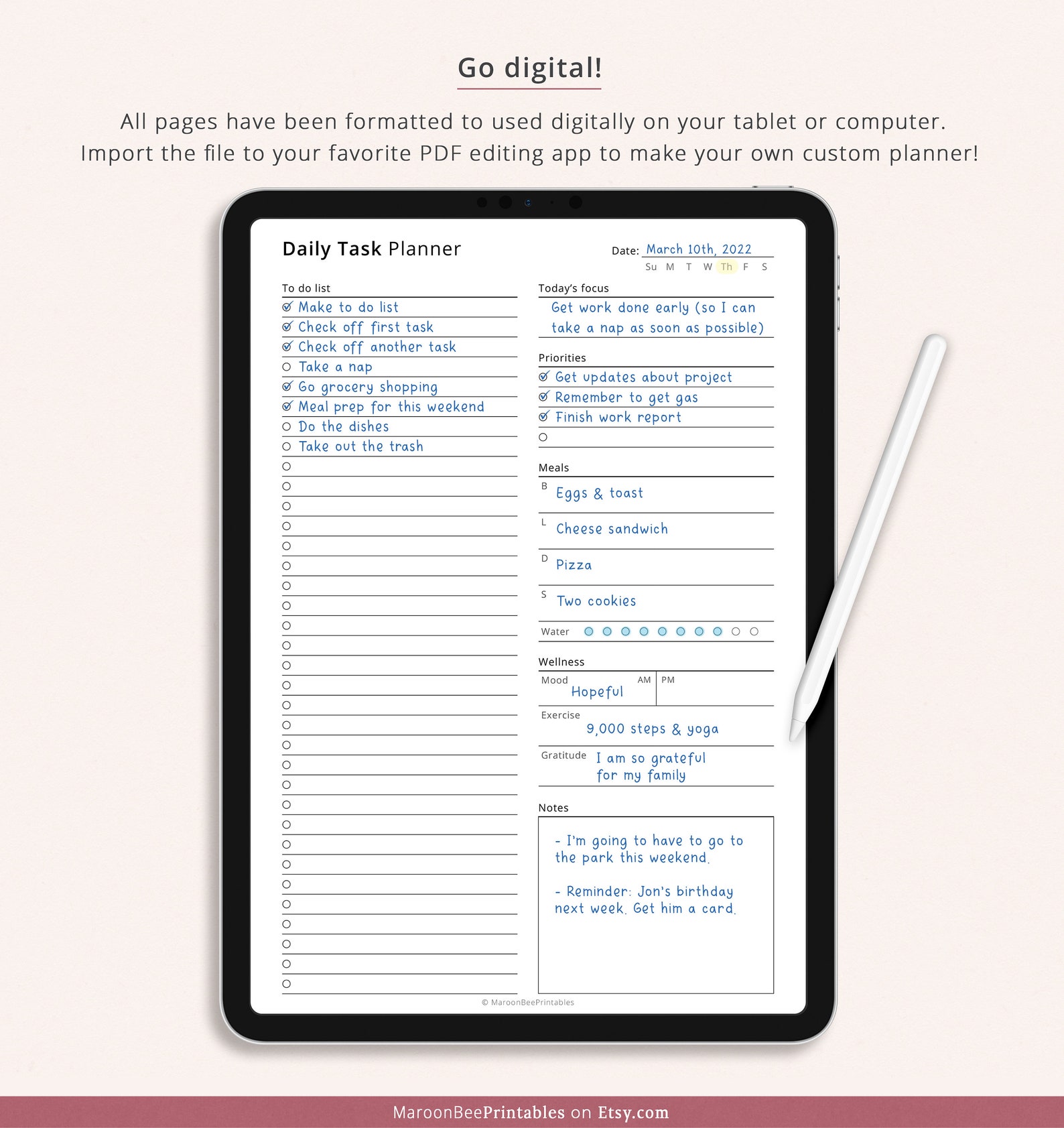 Editable Daily Task Planner, Fillable Planner, Undated Daily Planner ...