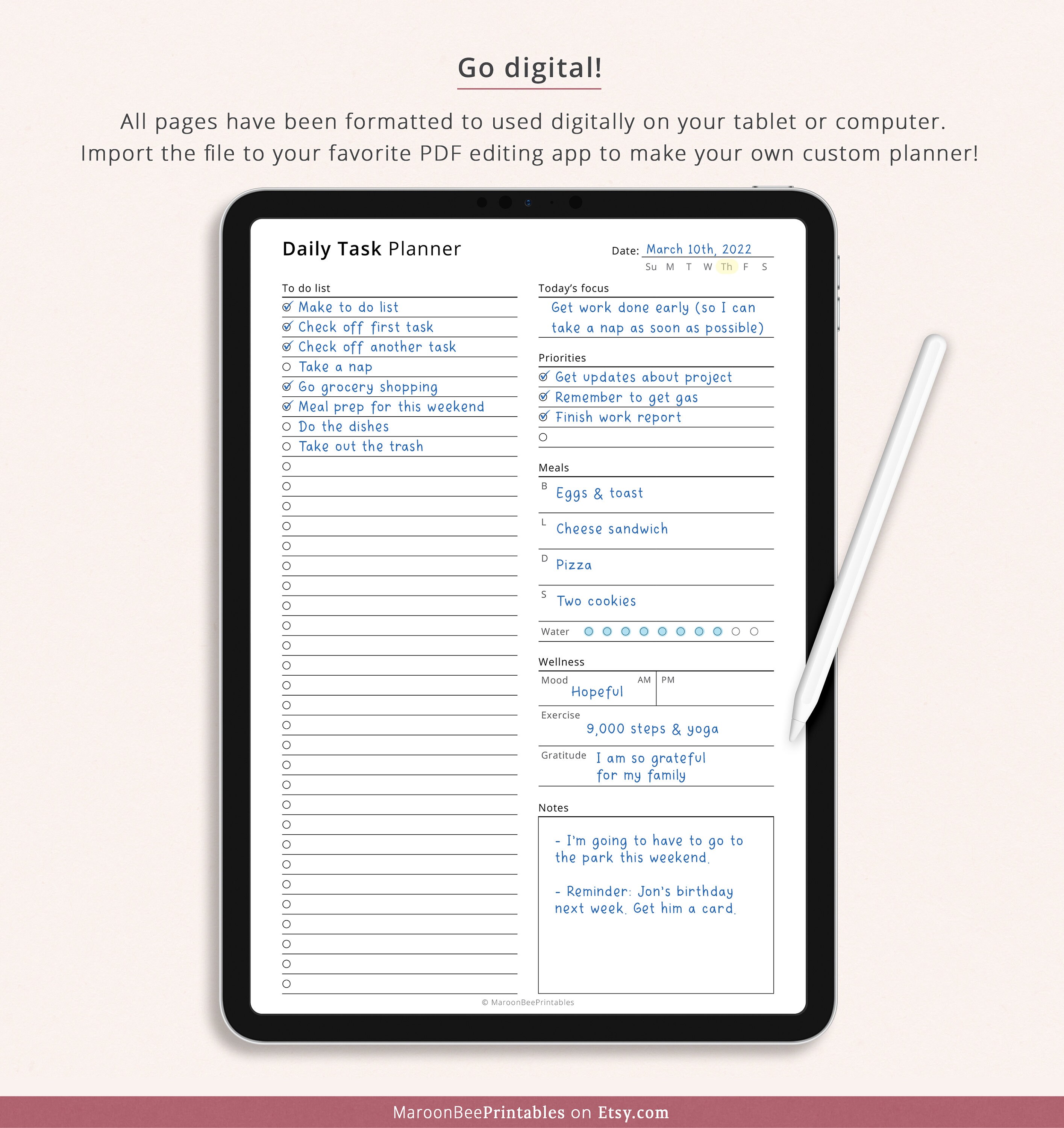 Editable Daily Task Planner, Fillable Planner, Undated Daily Planner ...