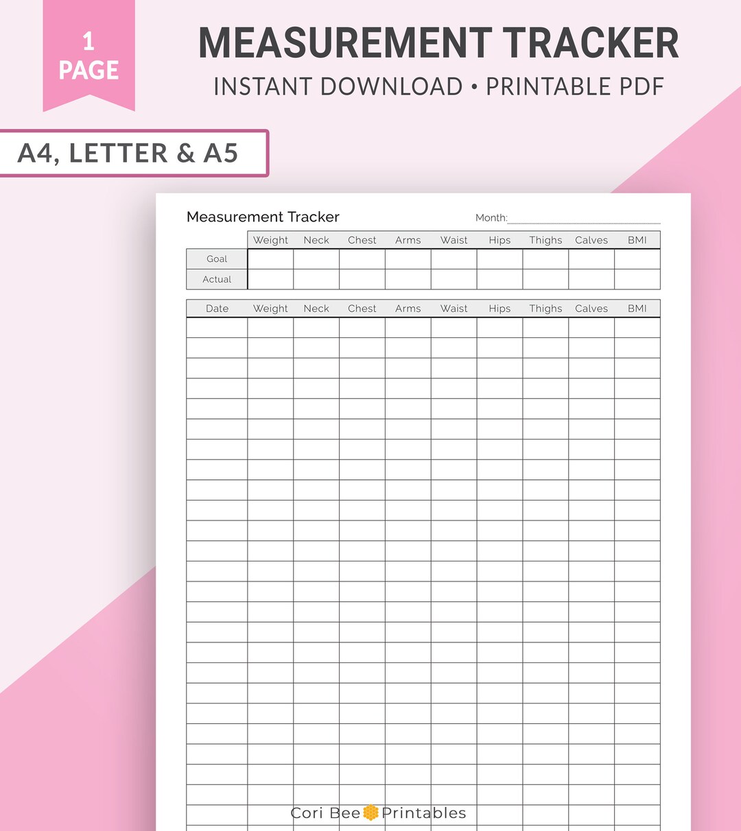 Measurement Tracker Printable, Body Measurement, Progress Tracker ...