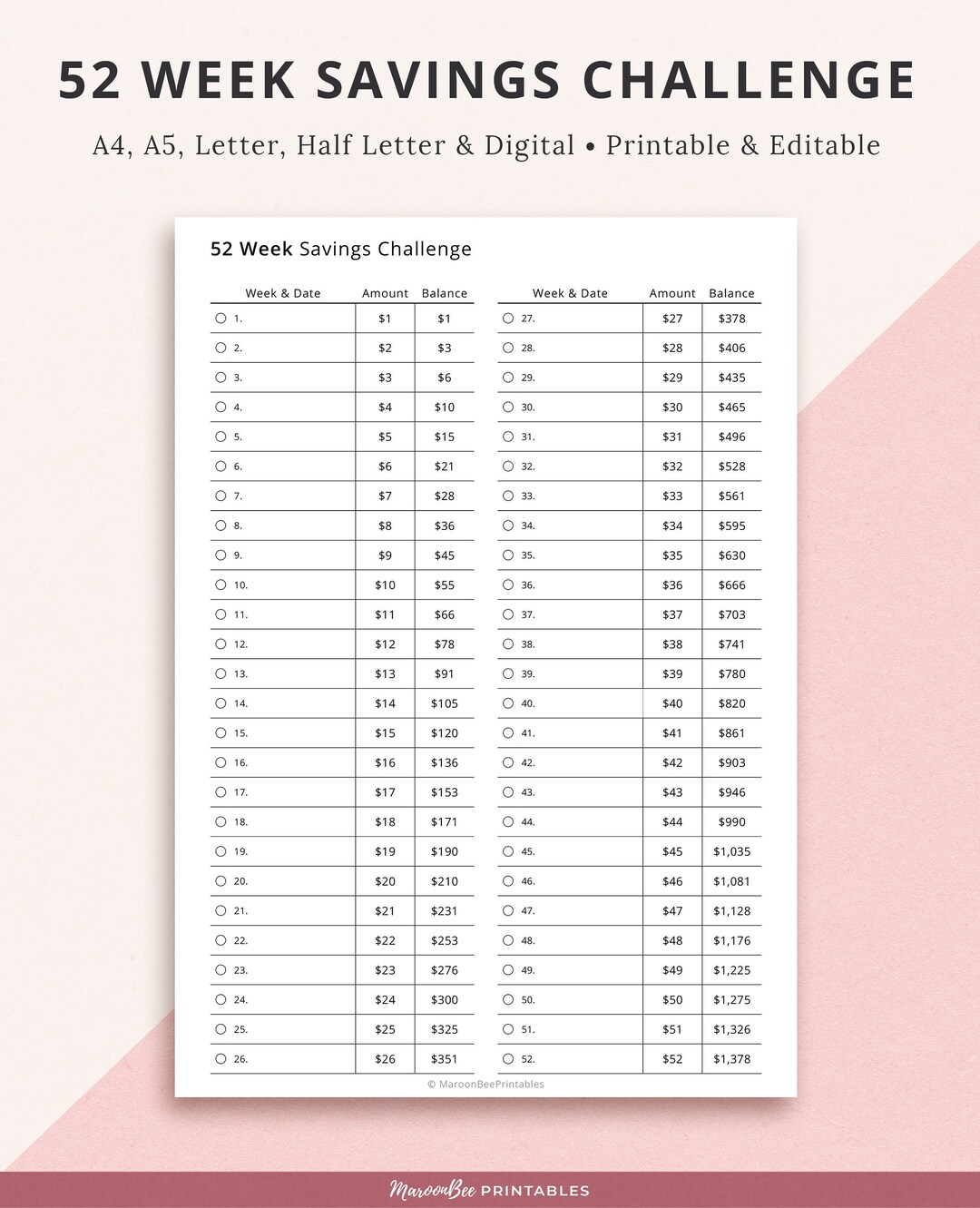 52 Week Savings Challenge Printable Insert, Financial Planner Page ...