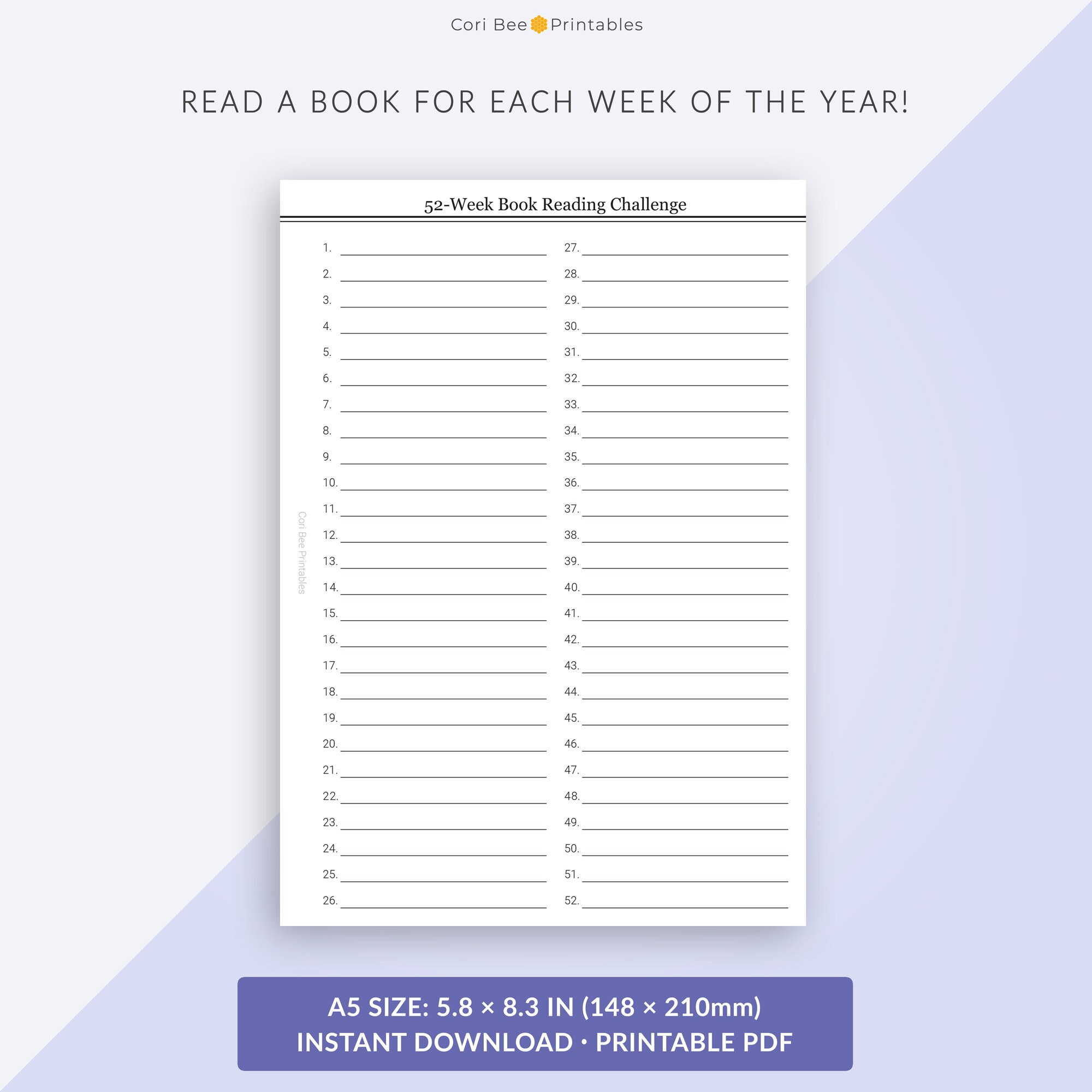 A5 Reading Challenge Tracker, 52 Week Reading Tracker, Reading Planner ...