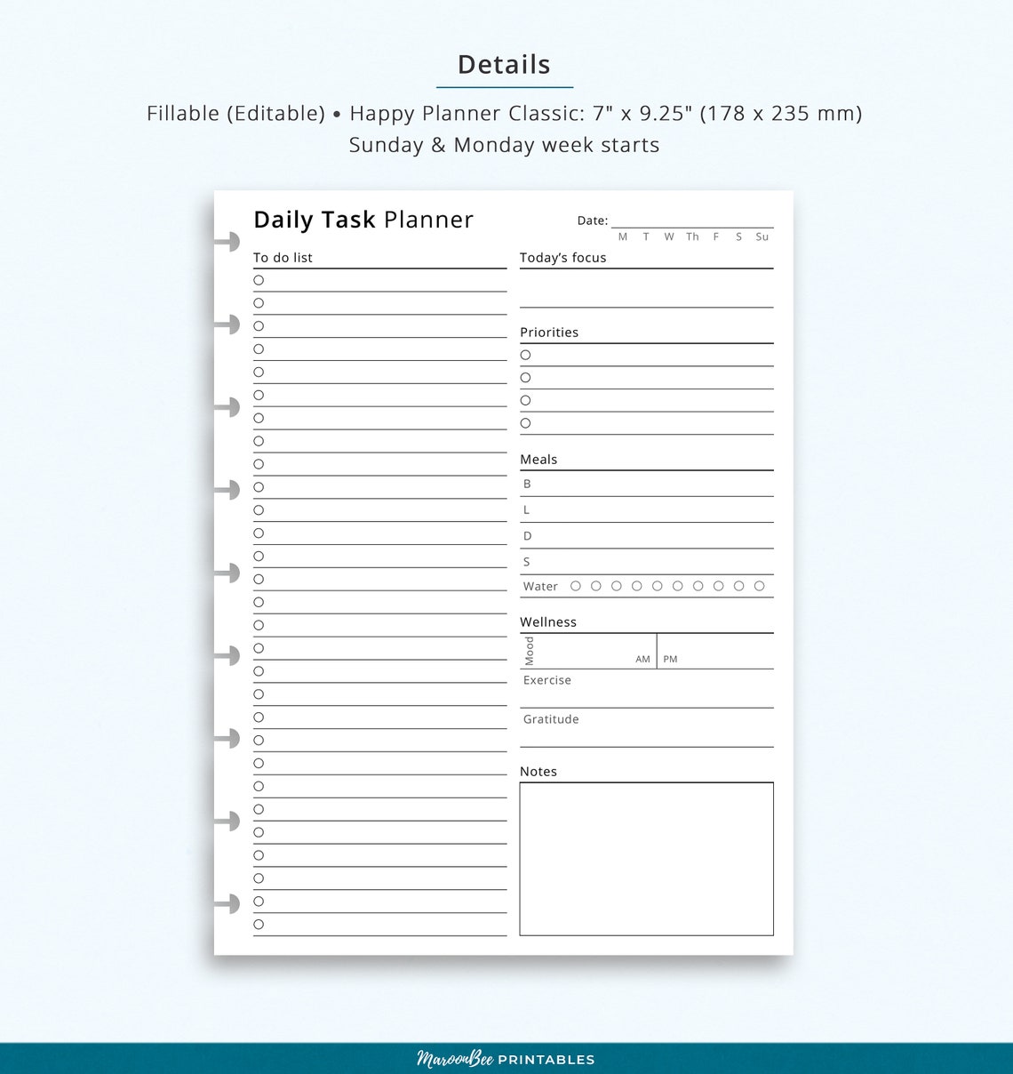 Editable Daily Task Planner Happy Planner Classic Insert, Fillable HP ...