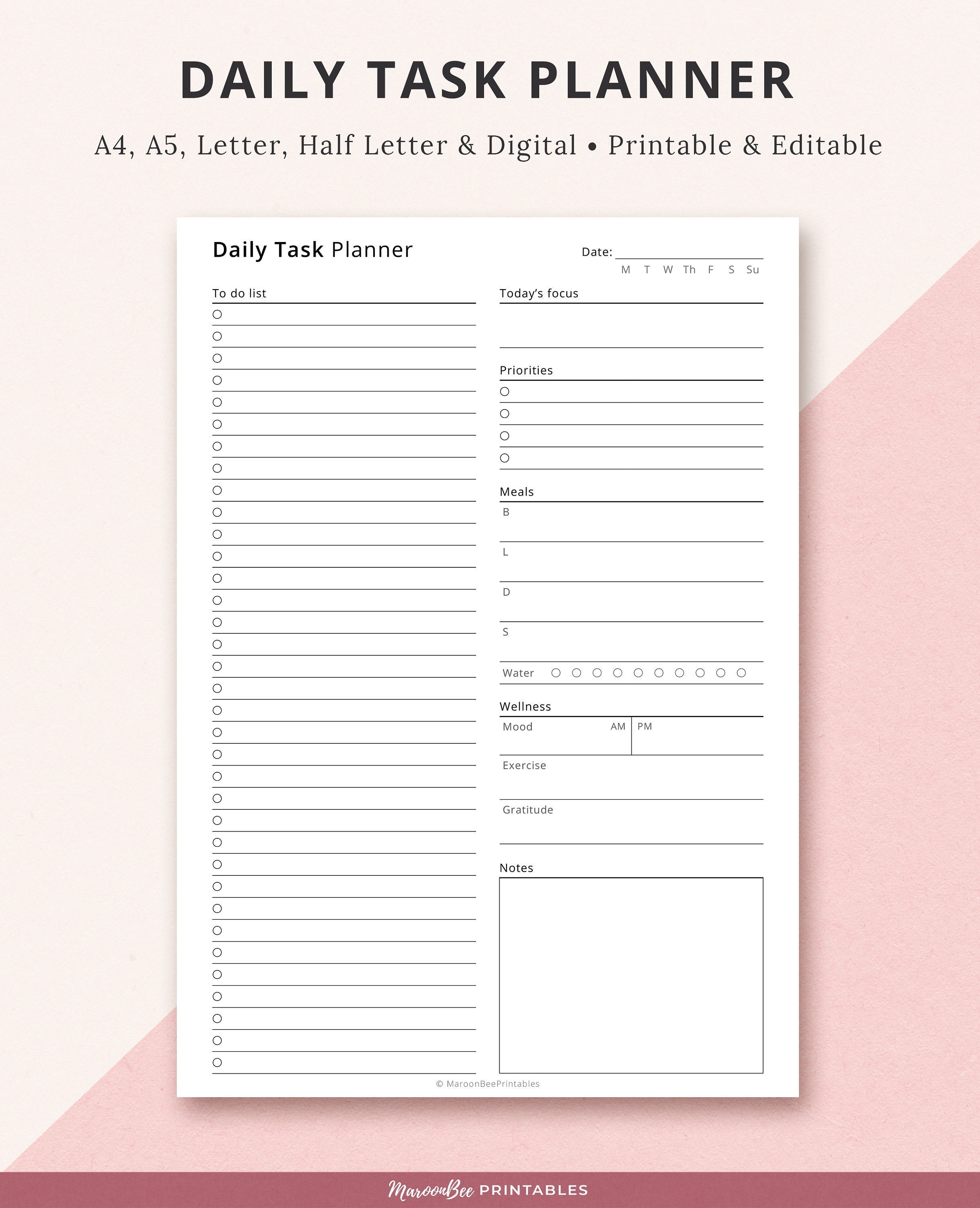 Editable Daily Task Planner, Fillable Planner, Undated Daily Planner ...