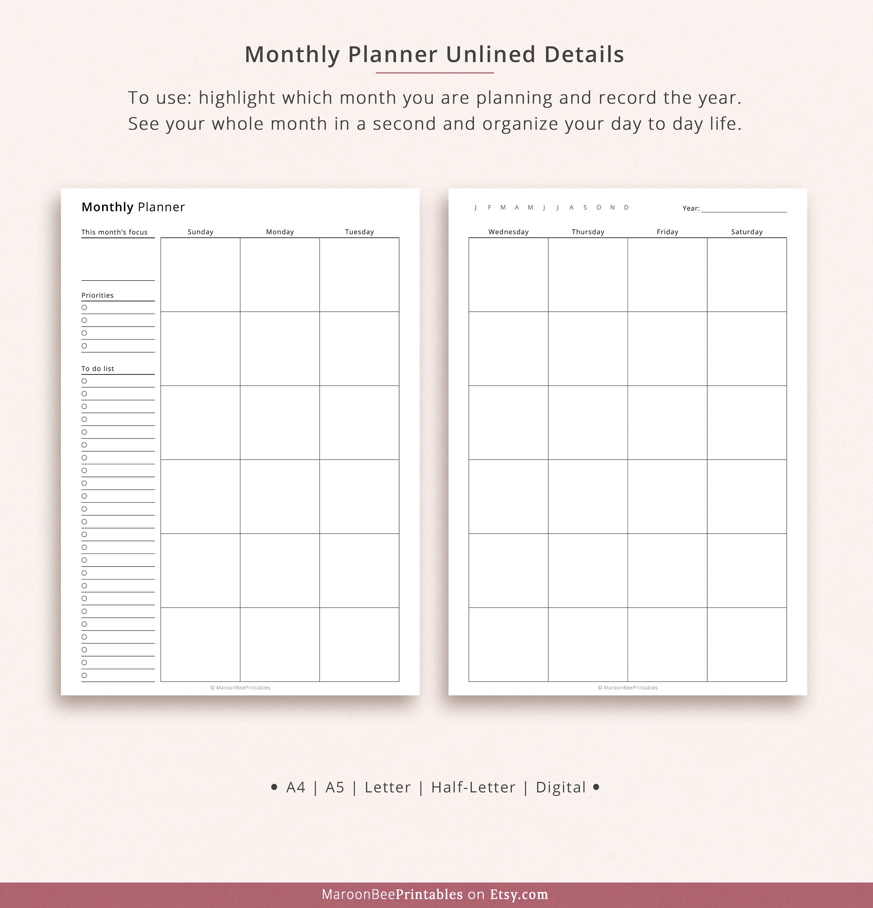 Editable Monthly Planner Monthly Printable Planner Fillable | Etsy