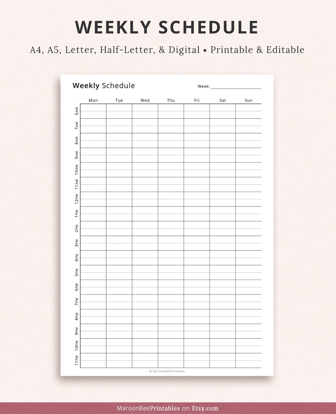 Editable Weekly Schedule Printable Planner Hourly Schedule | Etsy