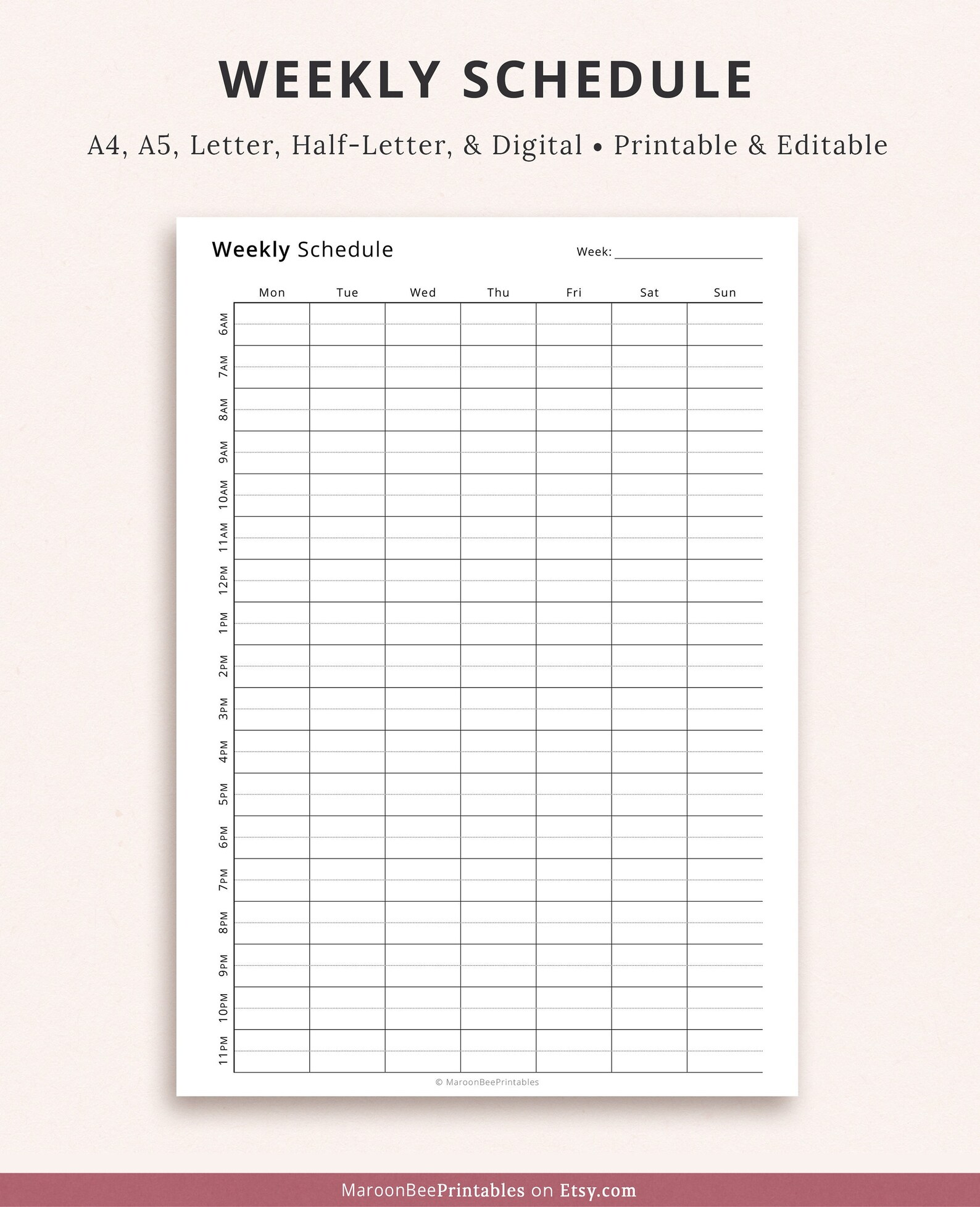 Editable Weekly Schedule Printable Planner Hourly Schedule | Etsy