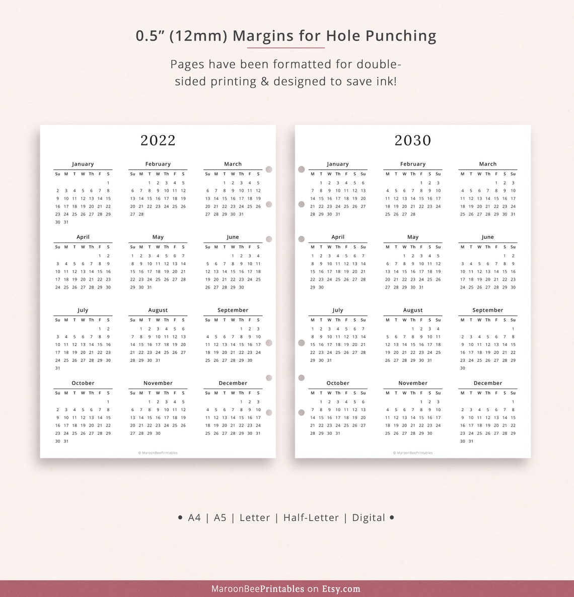 2022-2030 Yearly Calendars Printable Bundle 2022 Yearly - Etsy