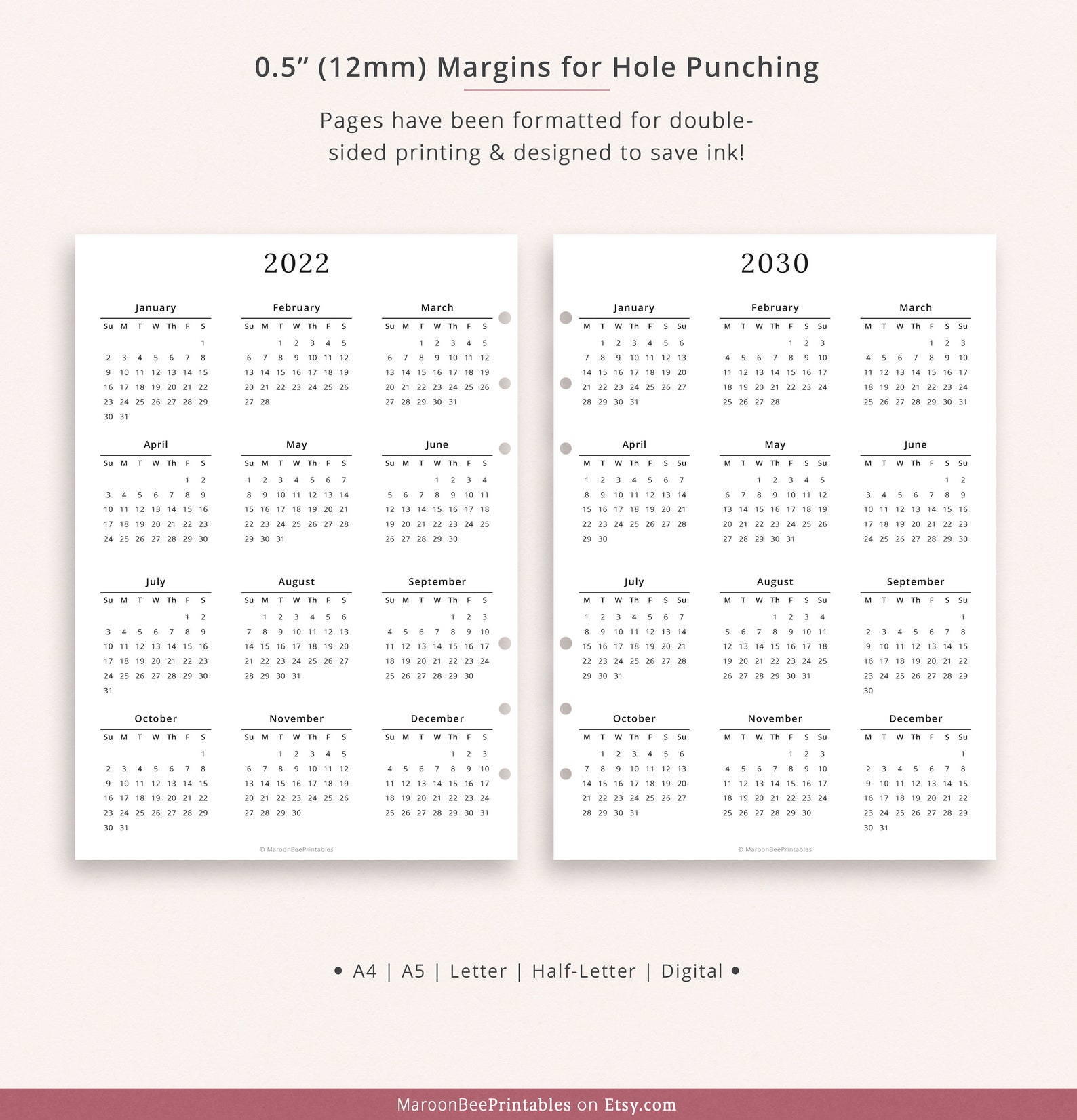 2022-2030 Yearly Calendars Printable Bundle 2022 Yearly - Etsy