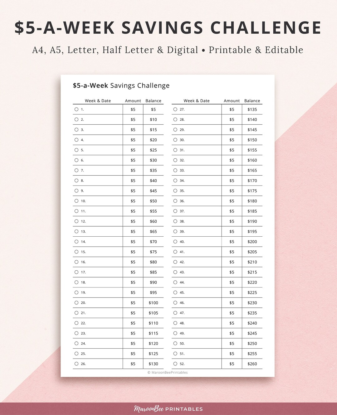 Editable 5 Dollars a Week Savings Challenge, Fillable Financial Planner ...