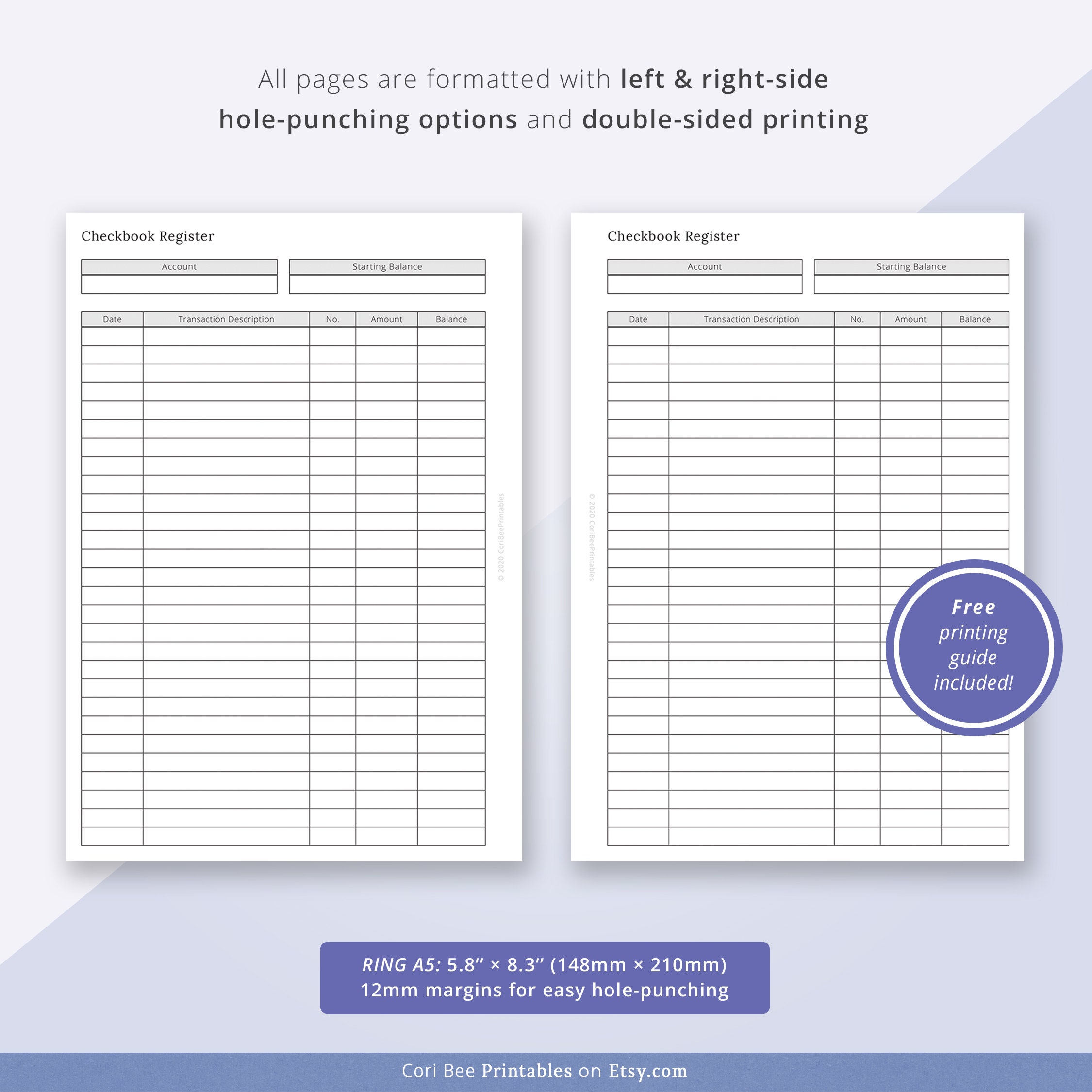 Ring A5 Checkbook Register, Checkbook Tracker, Check Register, Check ...